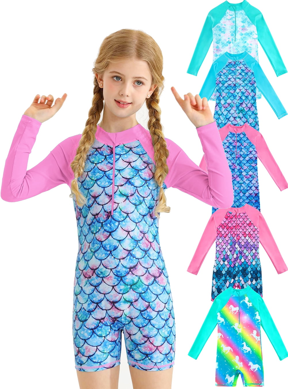 Kids Girls One Piece Zipper Swimsuit Long Sleeve Swimwear Bathing Suit ...