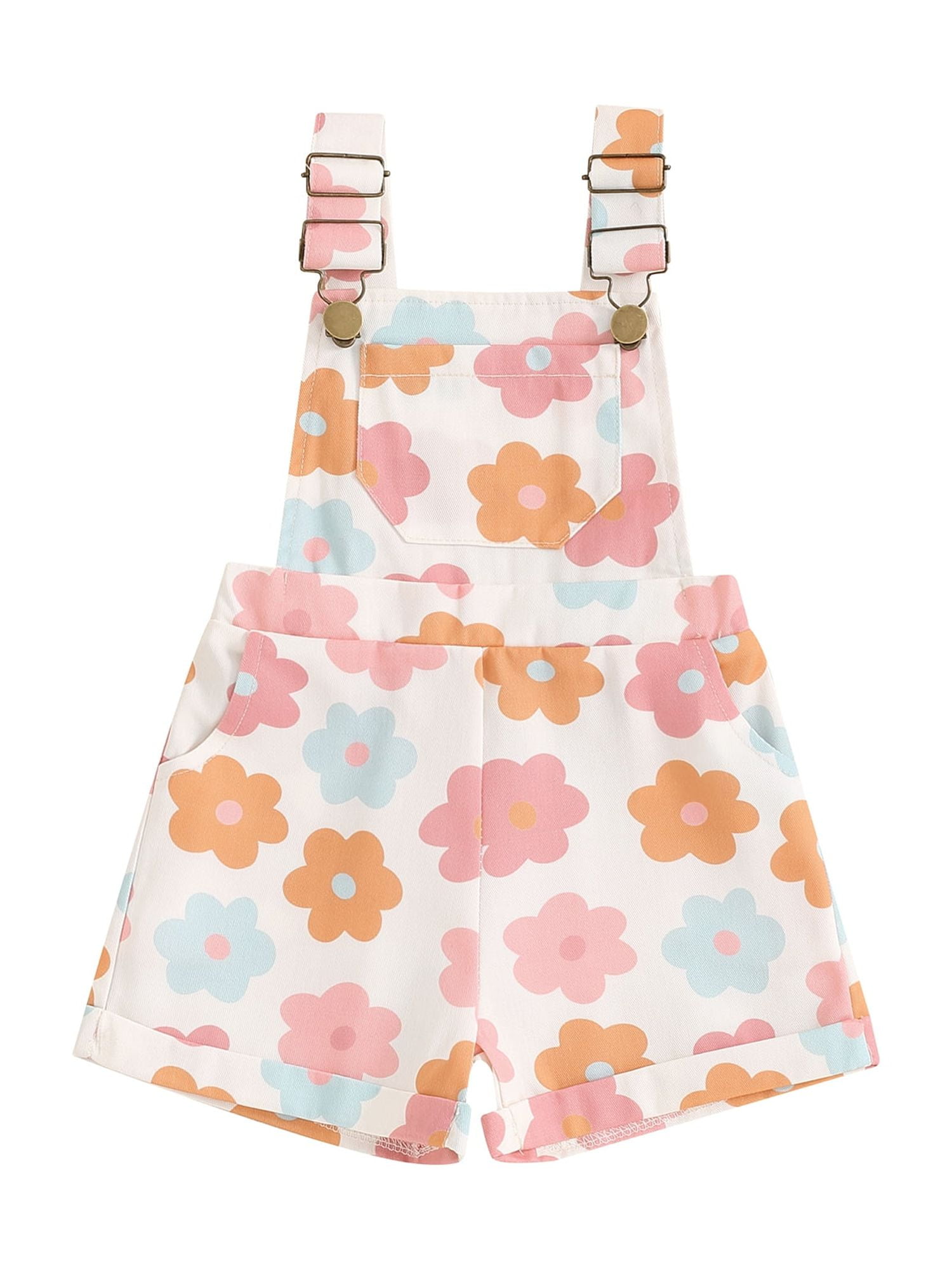 Kids Girls Overalls Strawberry/Flower Print Denim Sleeveless Straps ...