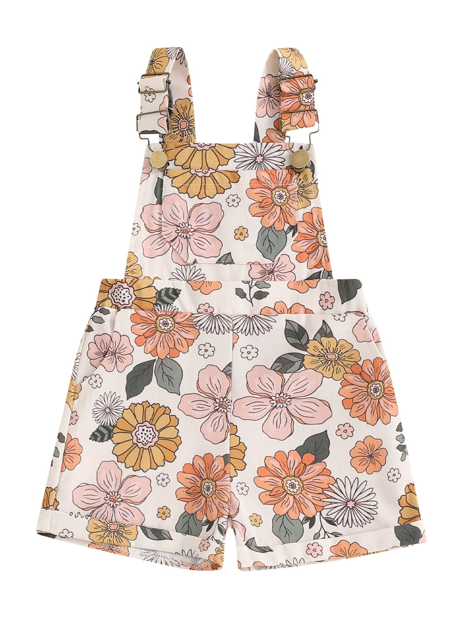 Kids Girls Overalls Strawberry/Flower Print Denim Sleeveless Straps ...