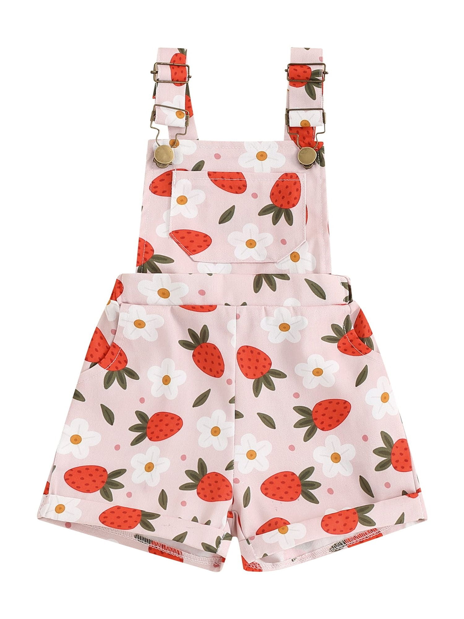 Kids Girls Overalls Strawberry/Flower Print Denim Sleeveless Straps ...
