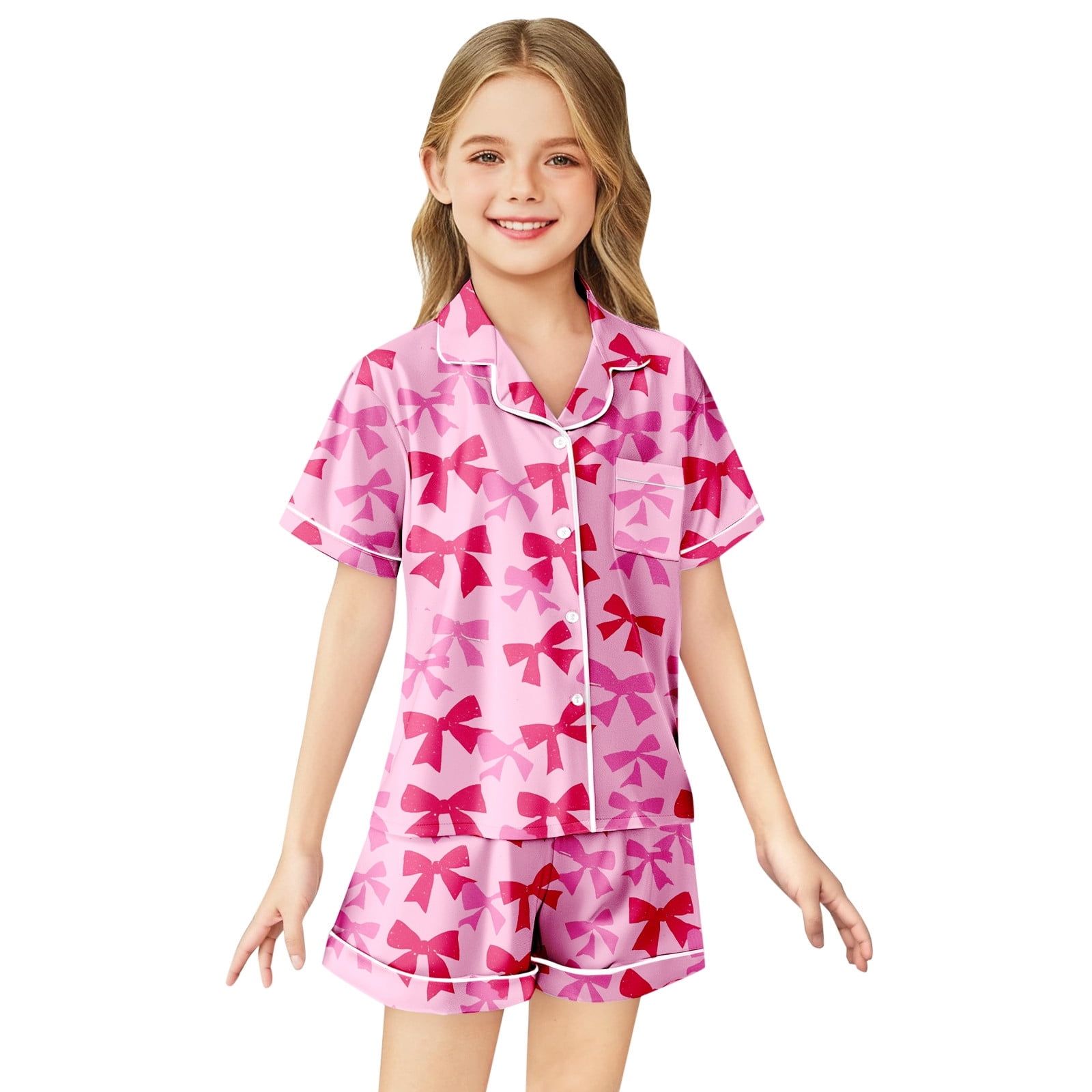 Kids Girls Pajama Set Bow Tie Printed 2 Piece Short Sleeve Button Down ...