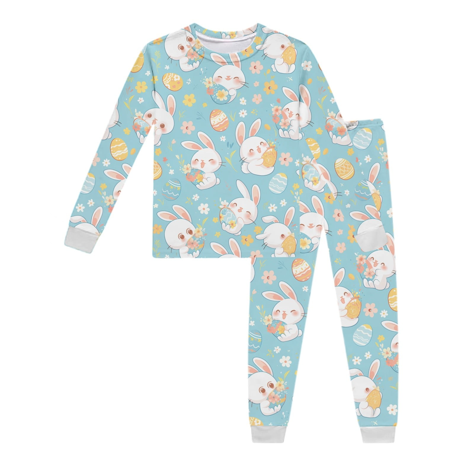 Kids Girls Pajama Set Easter Bunny Egg Print Long Sleeve Pants Casual ...