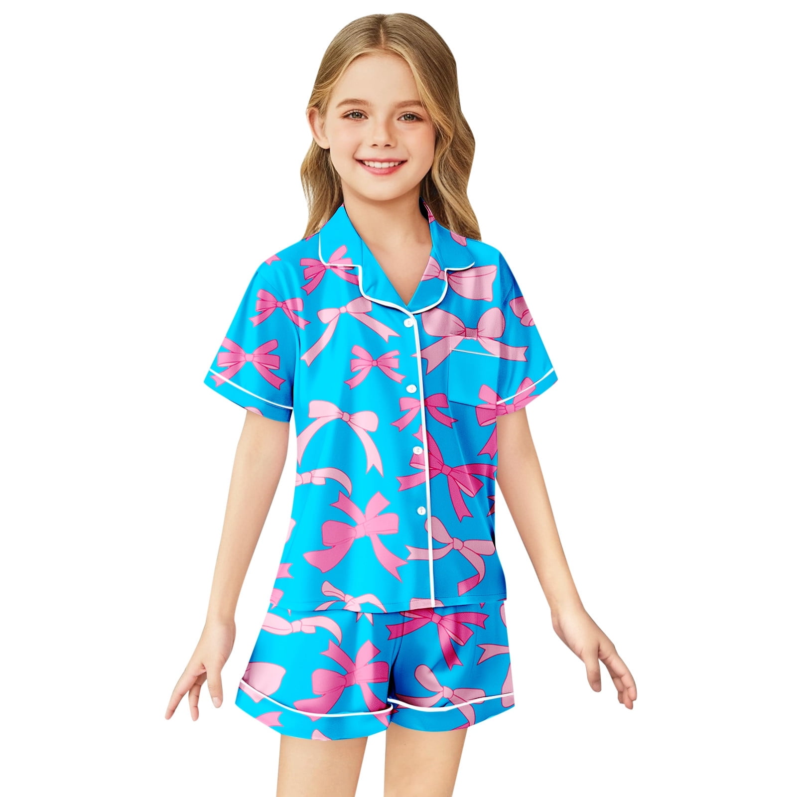 Kids Girls' Pajama Sets Bow Print Button Down Tops Set Casual Pajamas ...