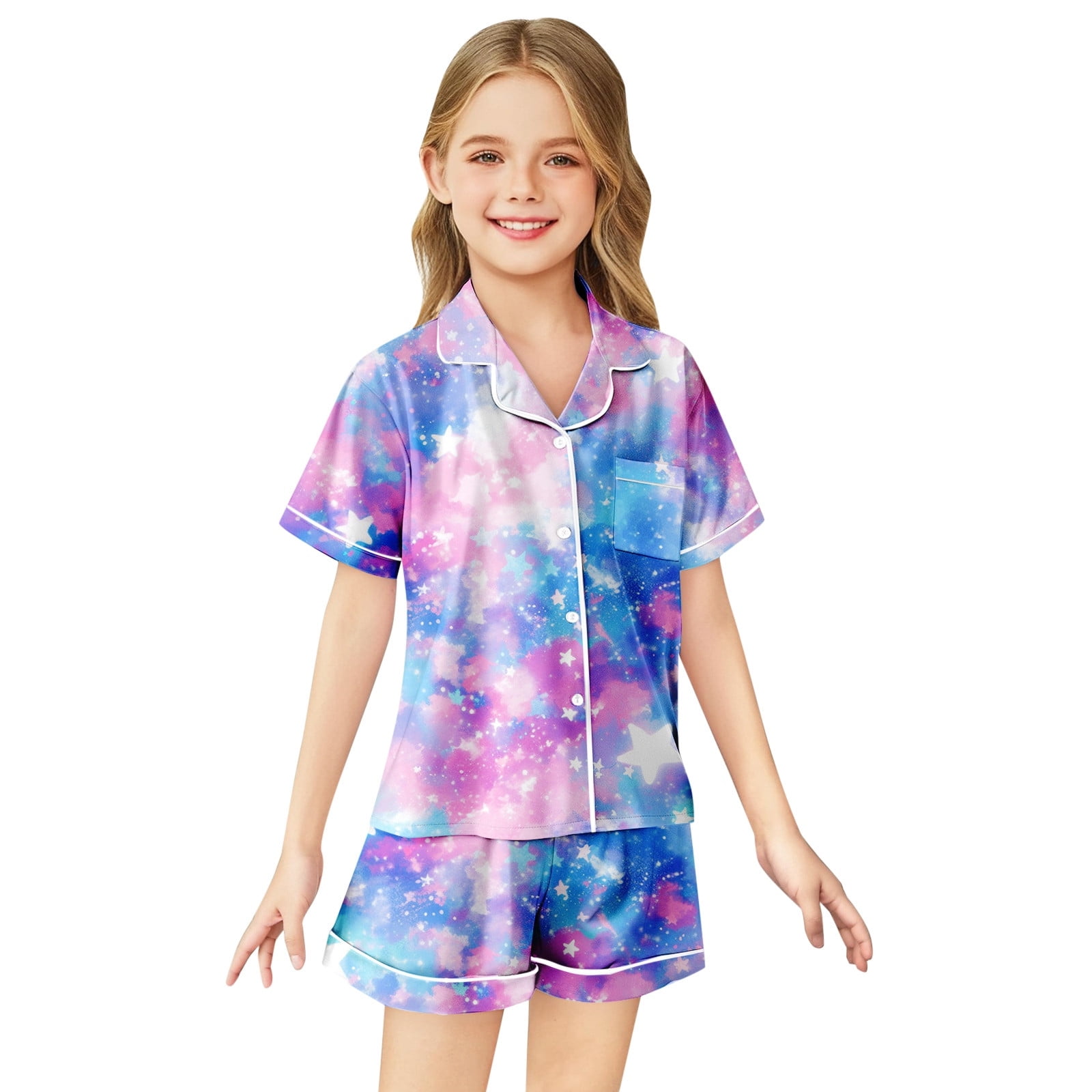 Kids Girls Pajamas Cute Print 2 Piece Set Short Sleeve Button-Down ...