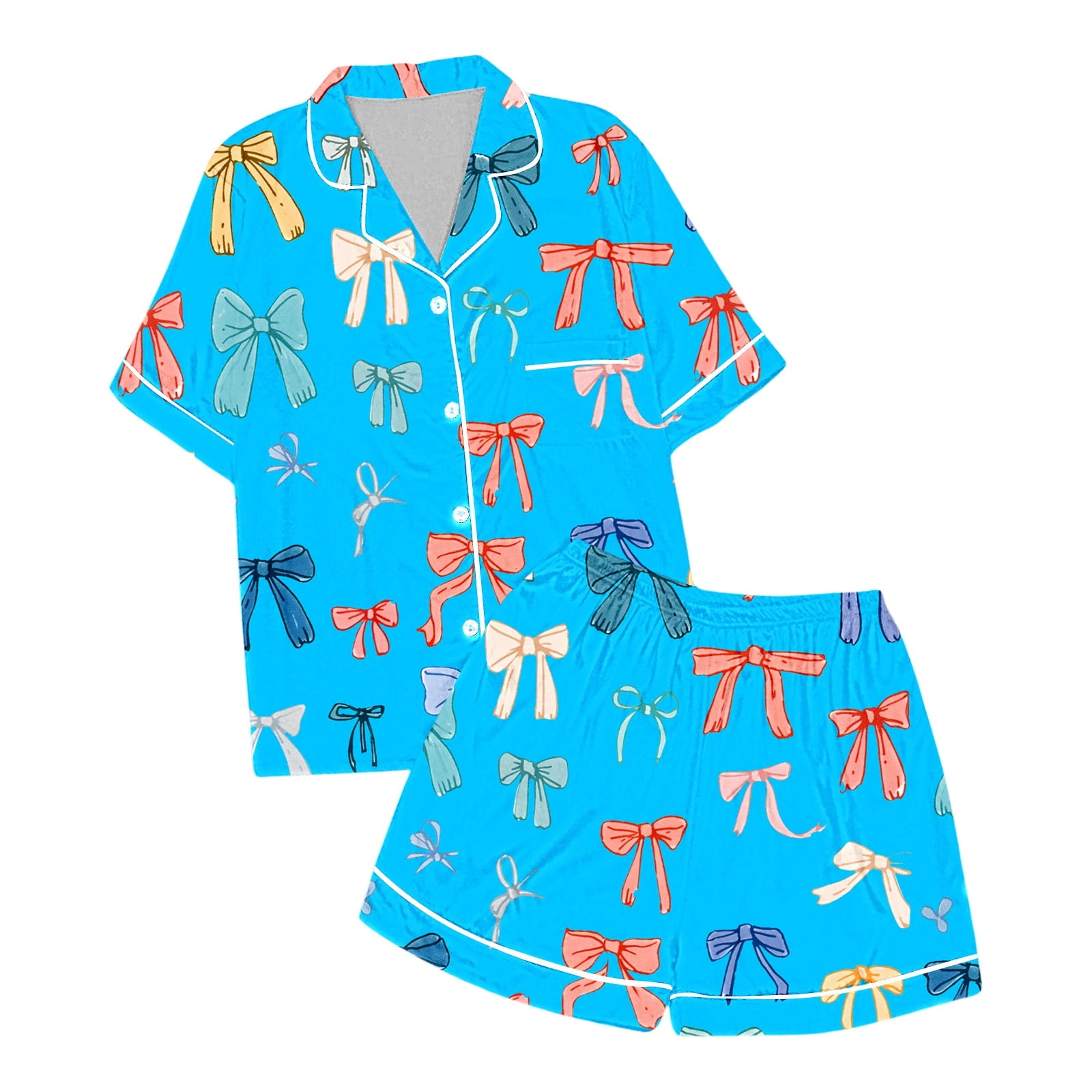 Kids Girls Pajamas Set Silk Satin Bow Tie Printed 2 Piece Set Short ...