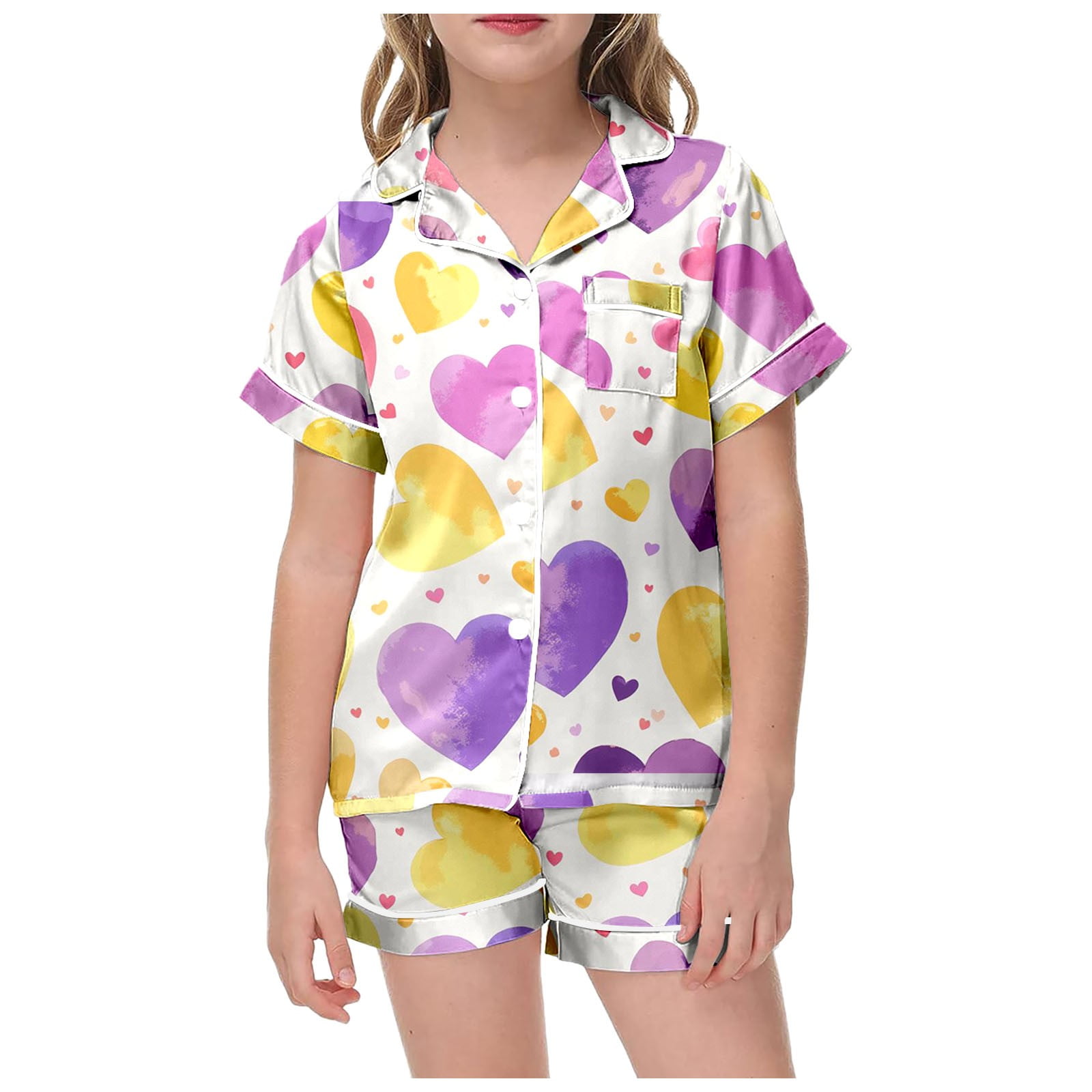 Kids Girls Pajamas Set Silk Satin Heart Print Short Sleeve Button Down ...