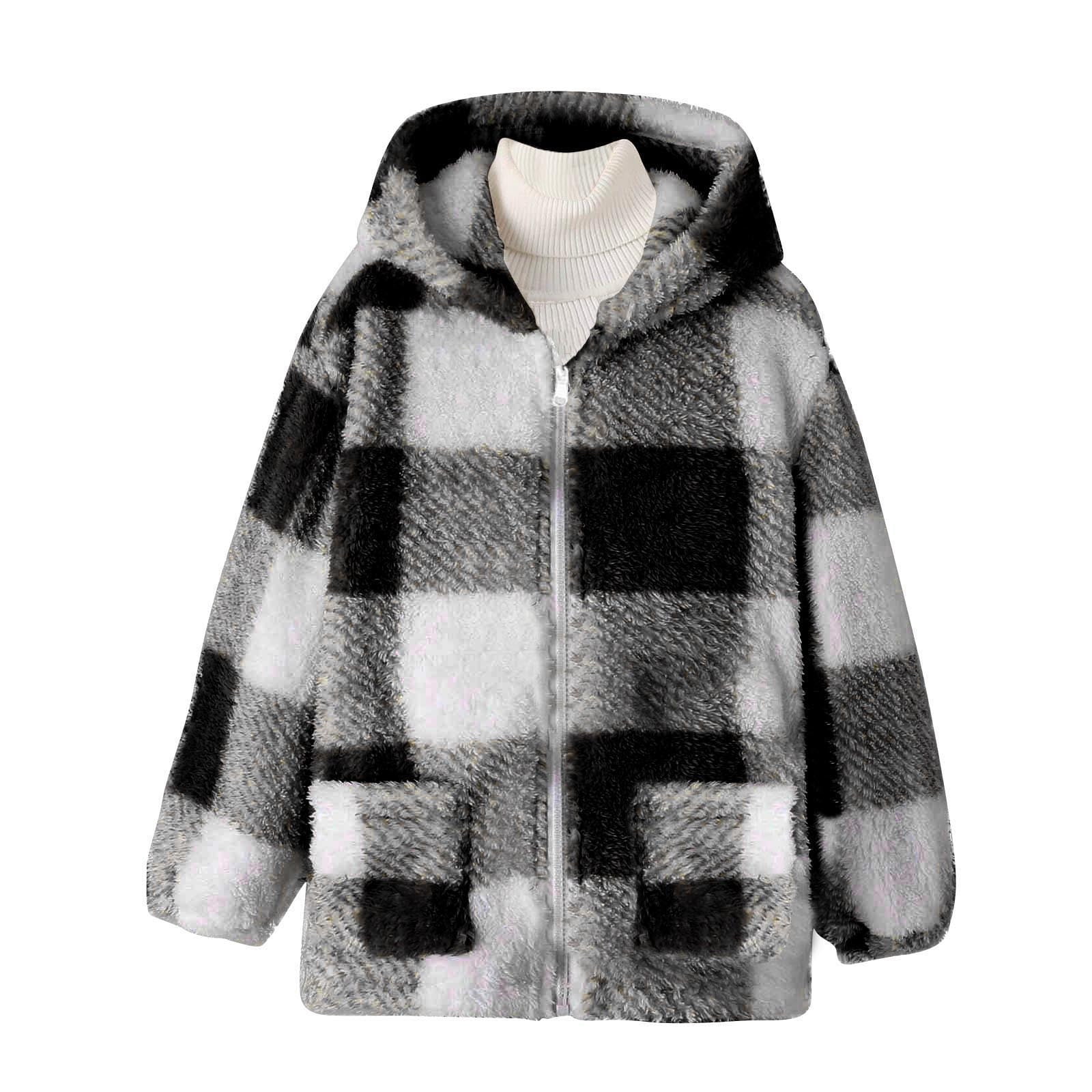 Kids Girls Plaid Fleece Jacket Zip Up Long Sleeve Fuzzy Hooded Coat ...