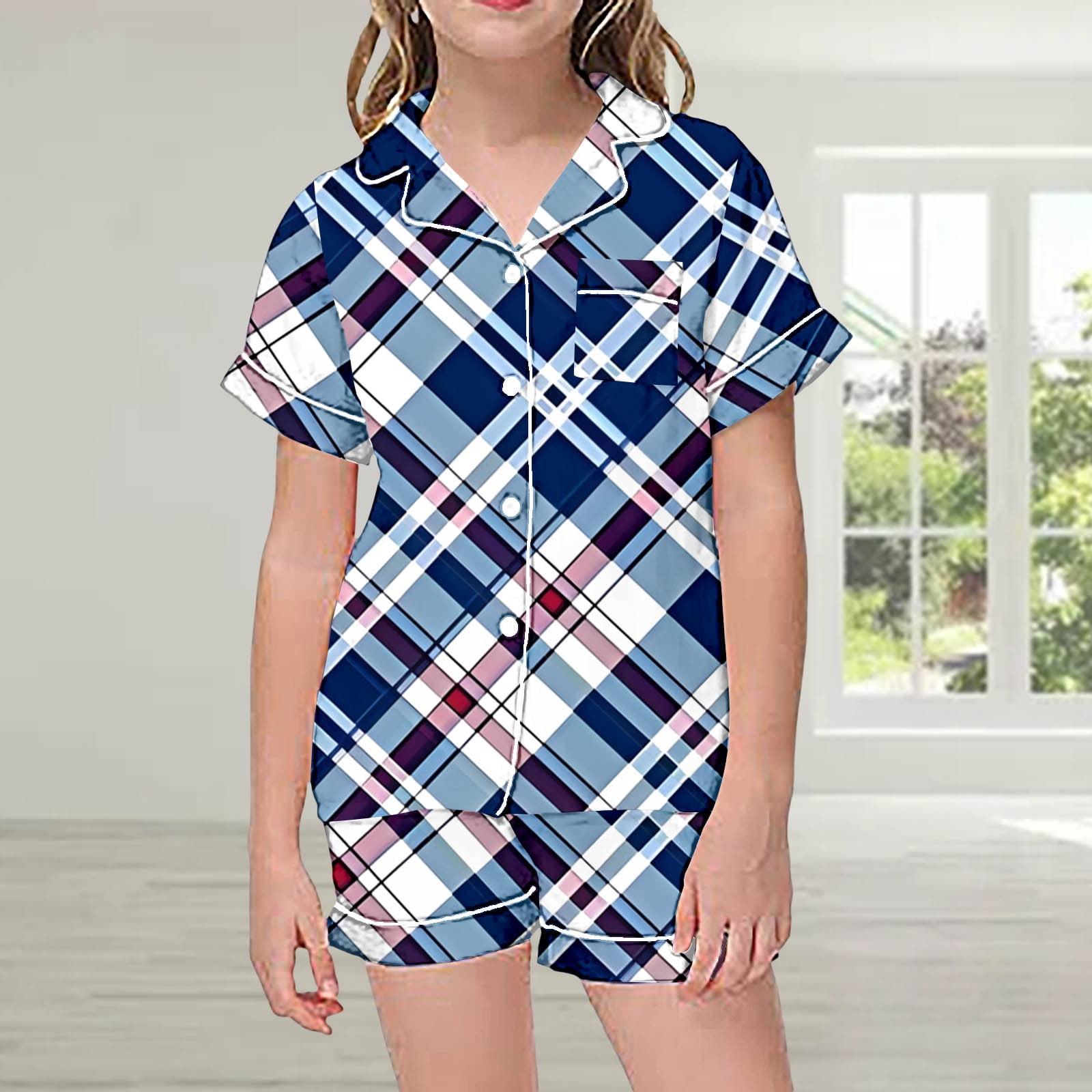 Kids Girls Plaid Printed Short Sleeve Shorts Two Piece Pajama Set Size ...