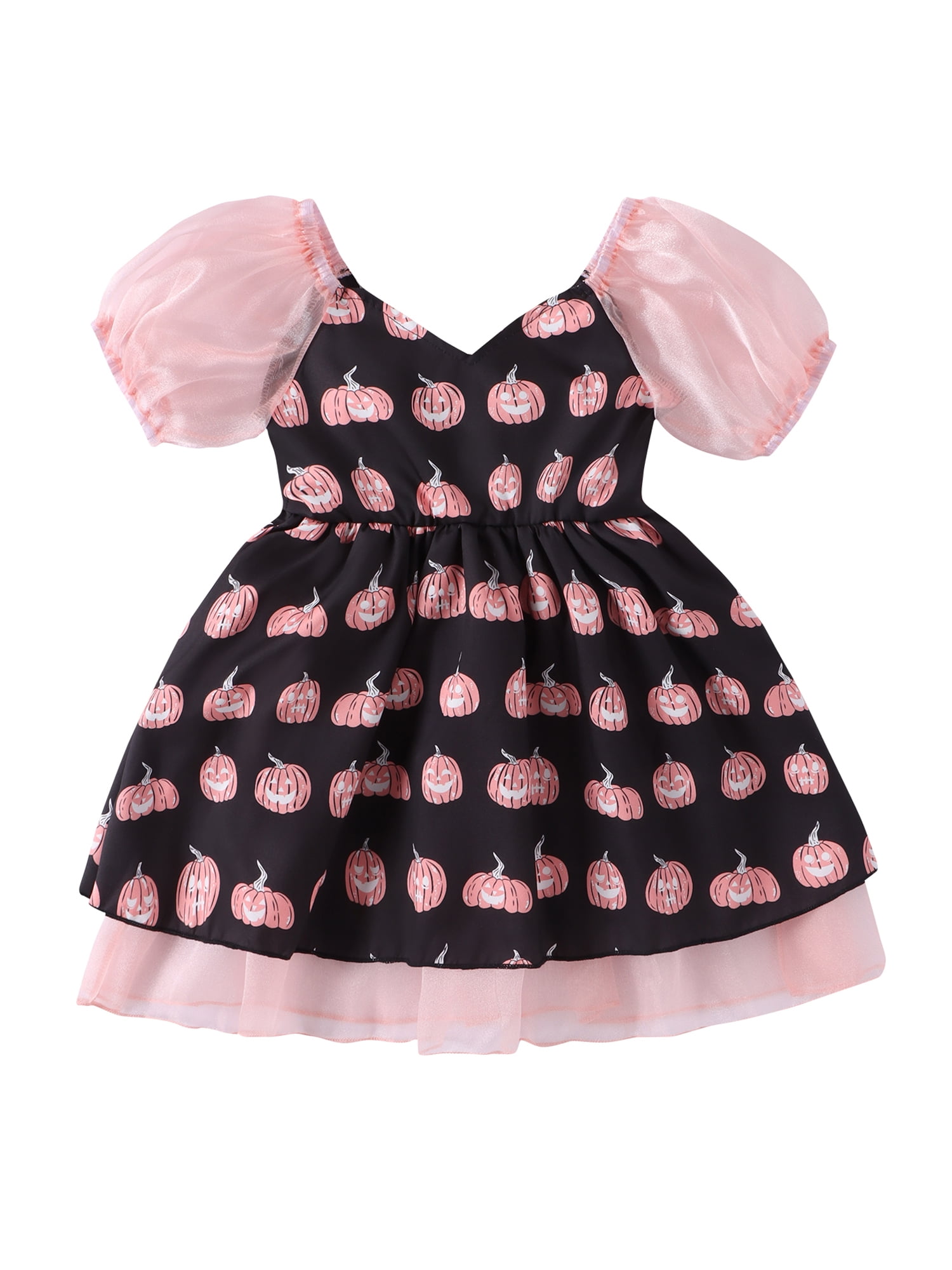 Kids Girls Princess Dresses Pumpkin Print Costumes Tulle Sequins Puff ...