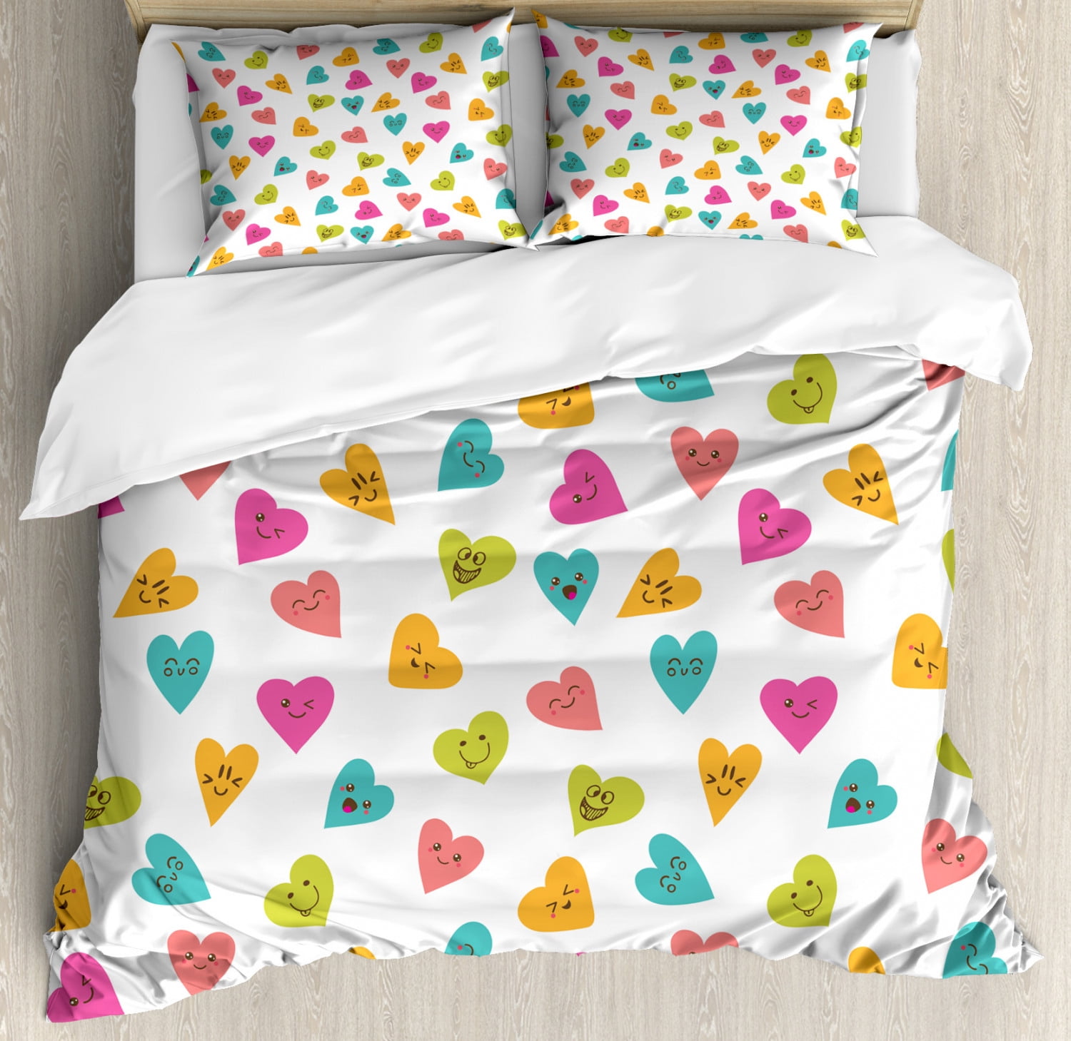 Kids Girls Queen Size Duvet Cover Set, Variety of Colorful Heart Icons ...