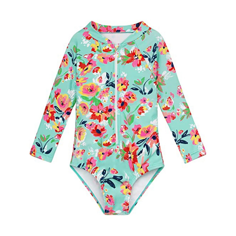 Kids Girls Rash Guard Long Sleeve One Piece Swimsuits Floral Print ...
