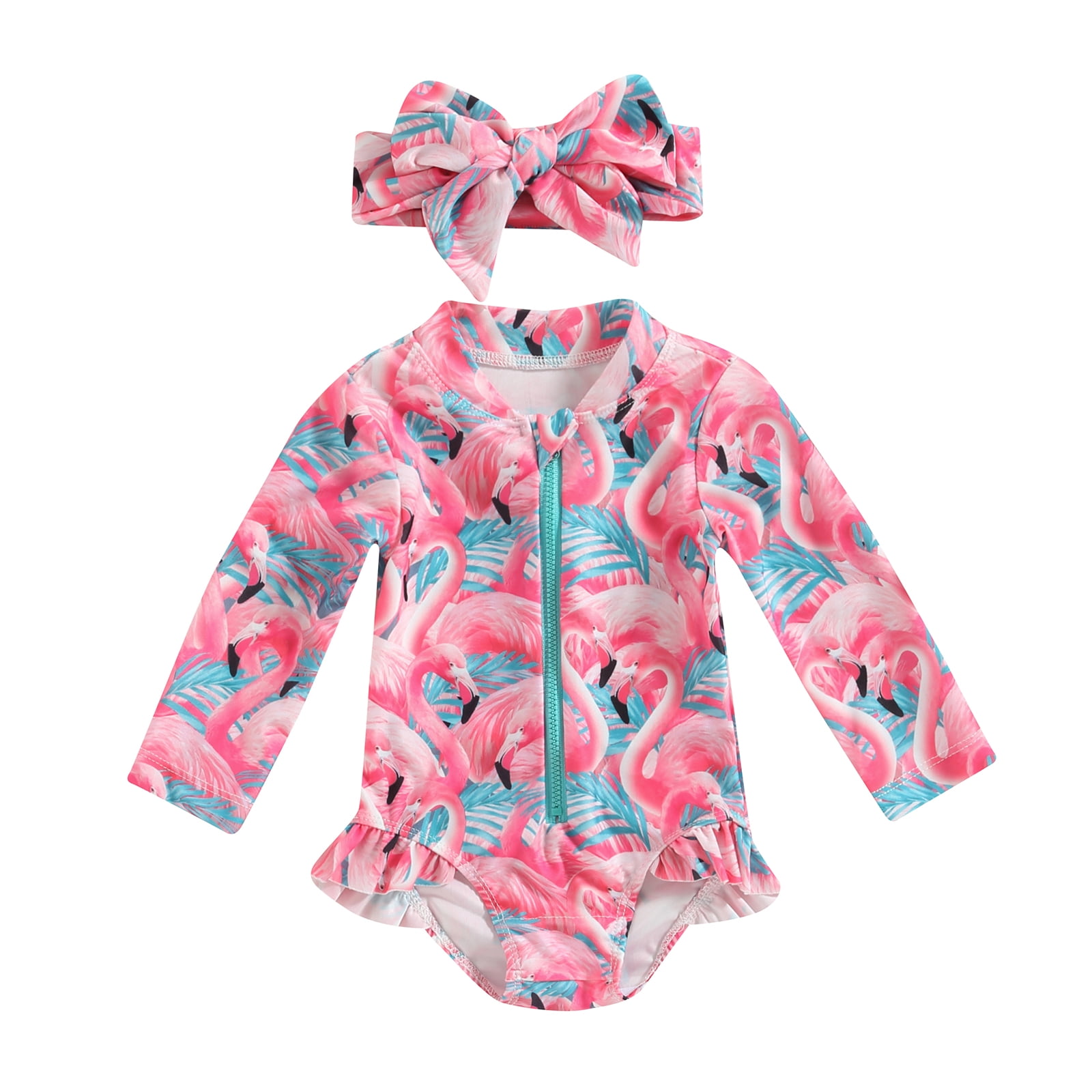 Kids Girls Rash Guard Swimsuit Romper Flamingo/Flower Print Zipper Long Sleeve Sun Protection ...