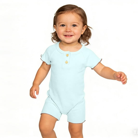 Kids Girls Romper Short Sleeve Cotton | Light Blue Henley Neck One-Piece Outfit 0-24 Months ...