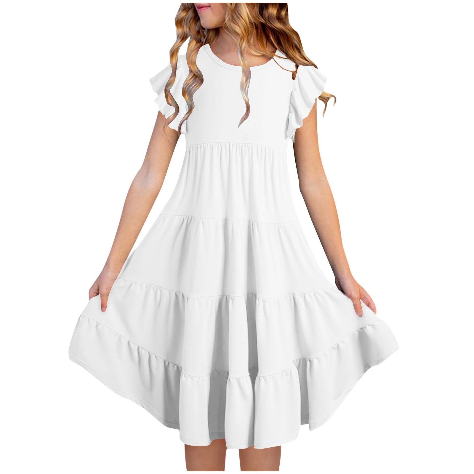 Kids Girls Ruffle Dresses Summer Pleated Sundress Solid Color Child ...