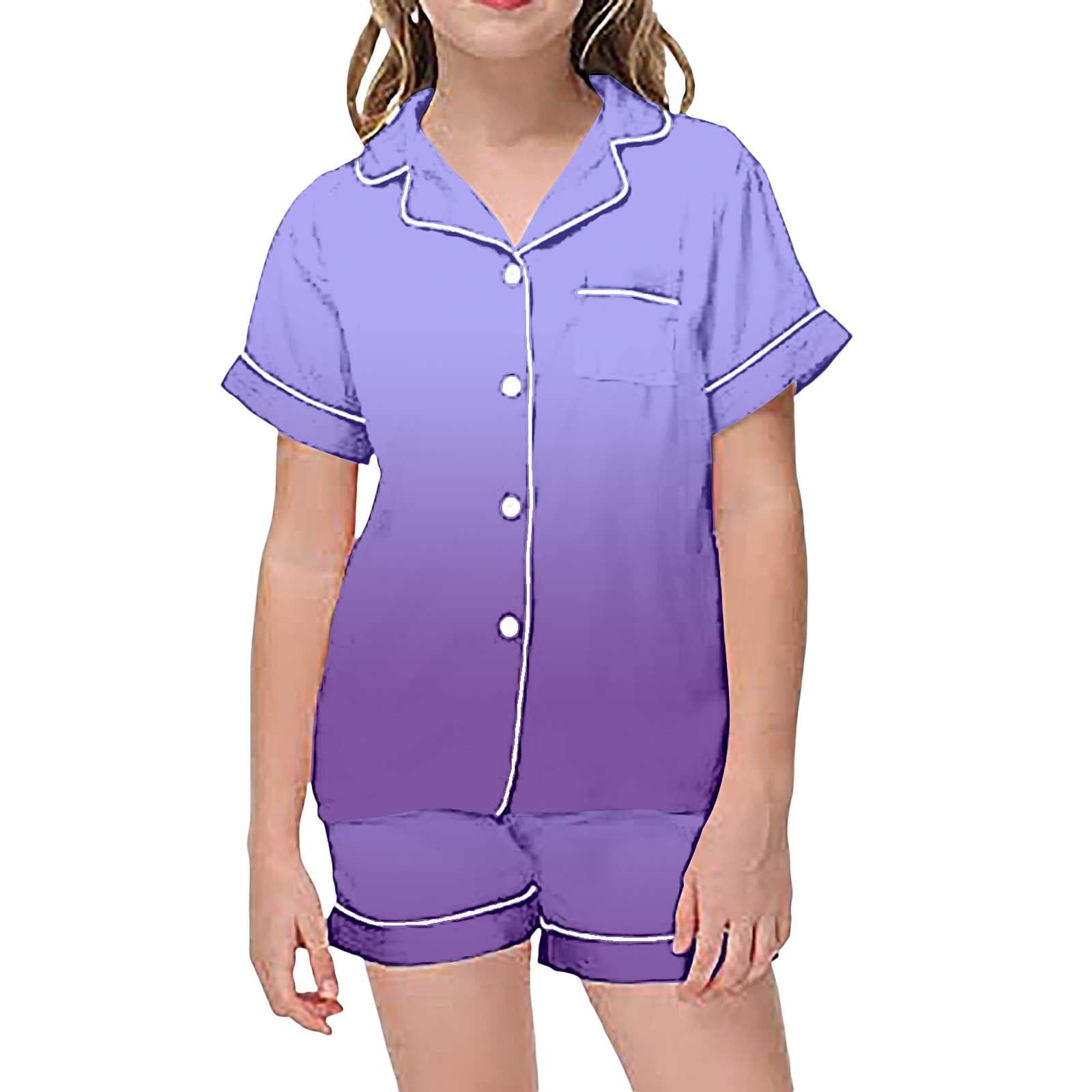 Kids Girls Satin Pajamas Gradient Short Sleeve Button-Down Sleepwear ...