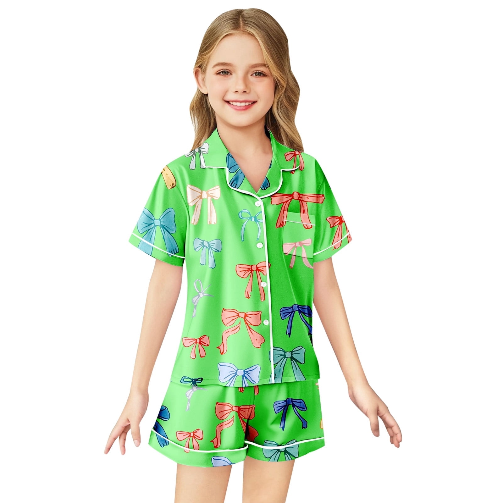 Kids Girls Satin Pajamas Set Fashion Button Down Homewear Set Sleepwear ...