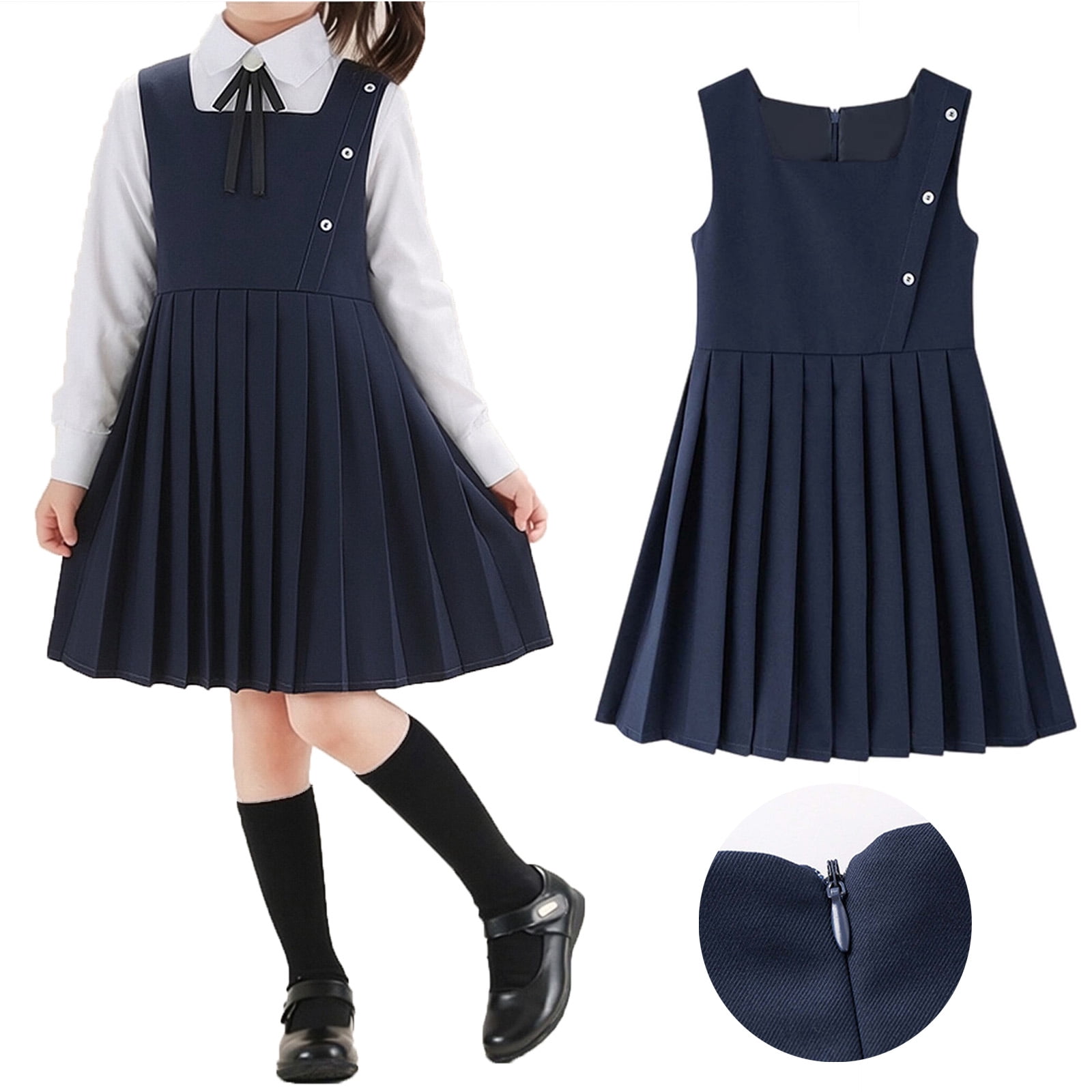 Kids Girls School Uniform Dress A-Line Pleated Hem Knee Length ...