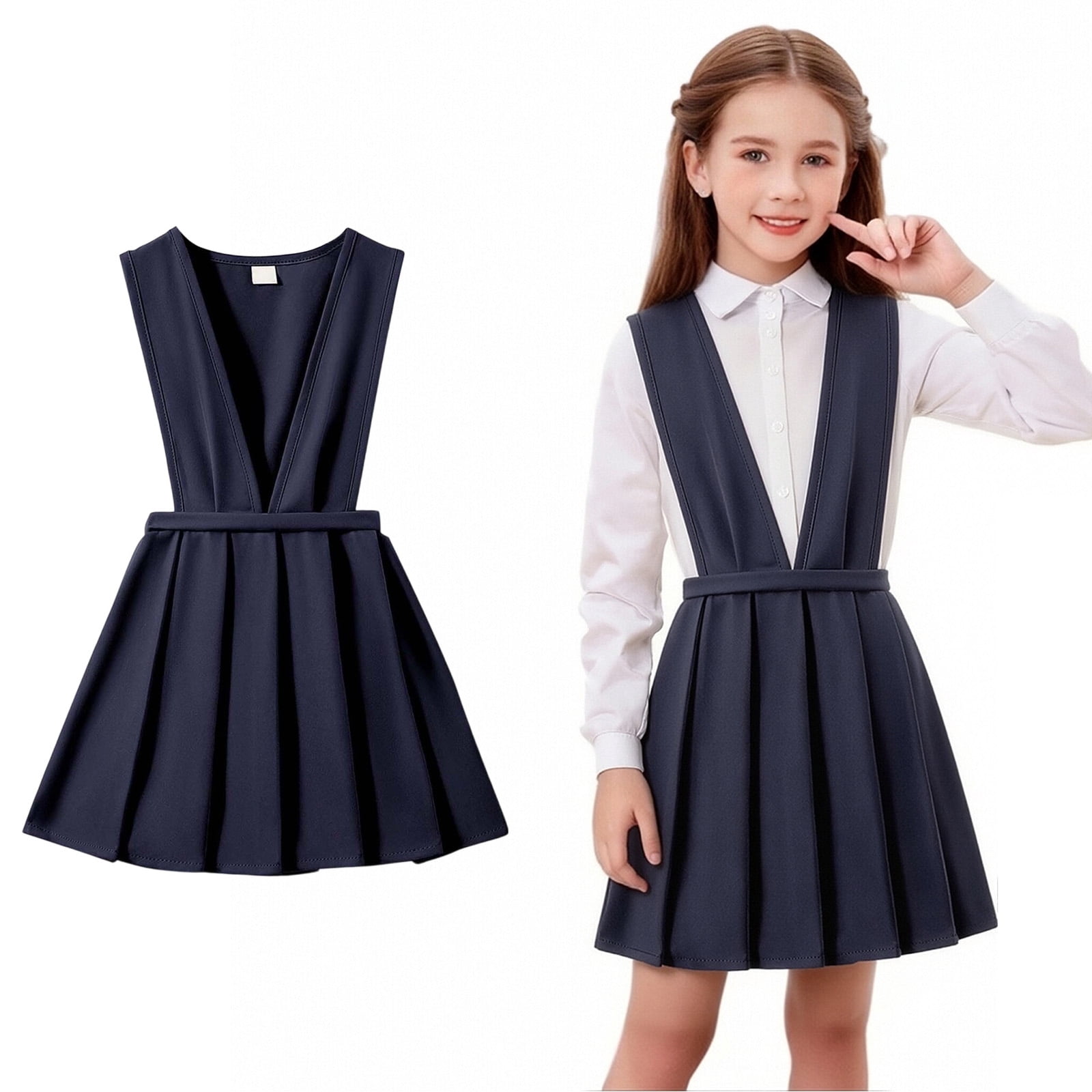 Kids Girls School Uniform Dress Pleated Knee Length Sleeveless Blue ...