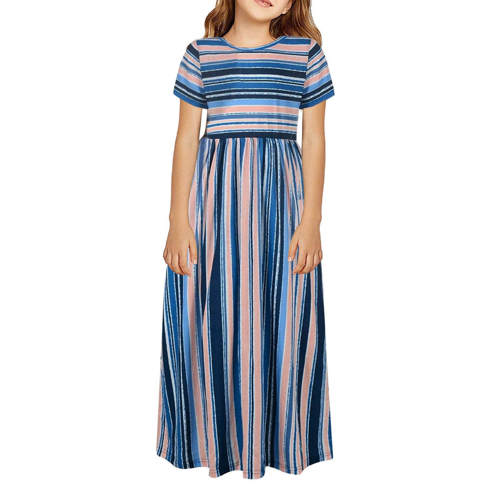 Kids Girls Short Sleeve Dresses Stylish and Breathable Striped Prints ...