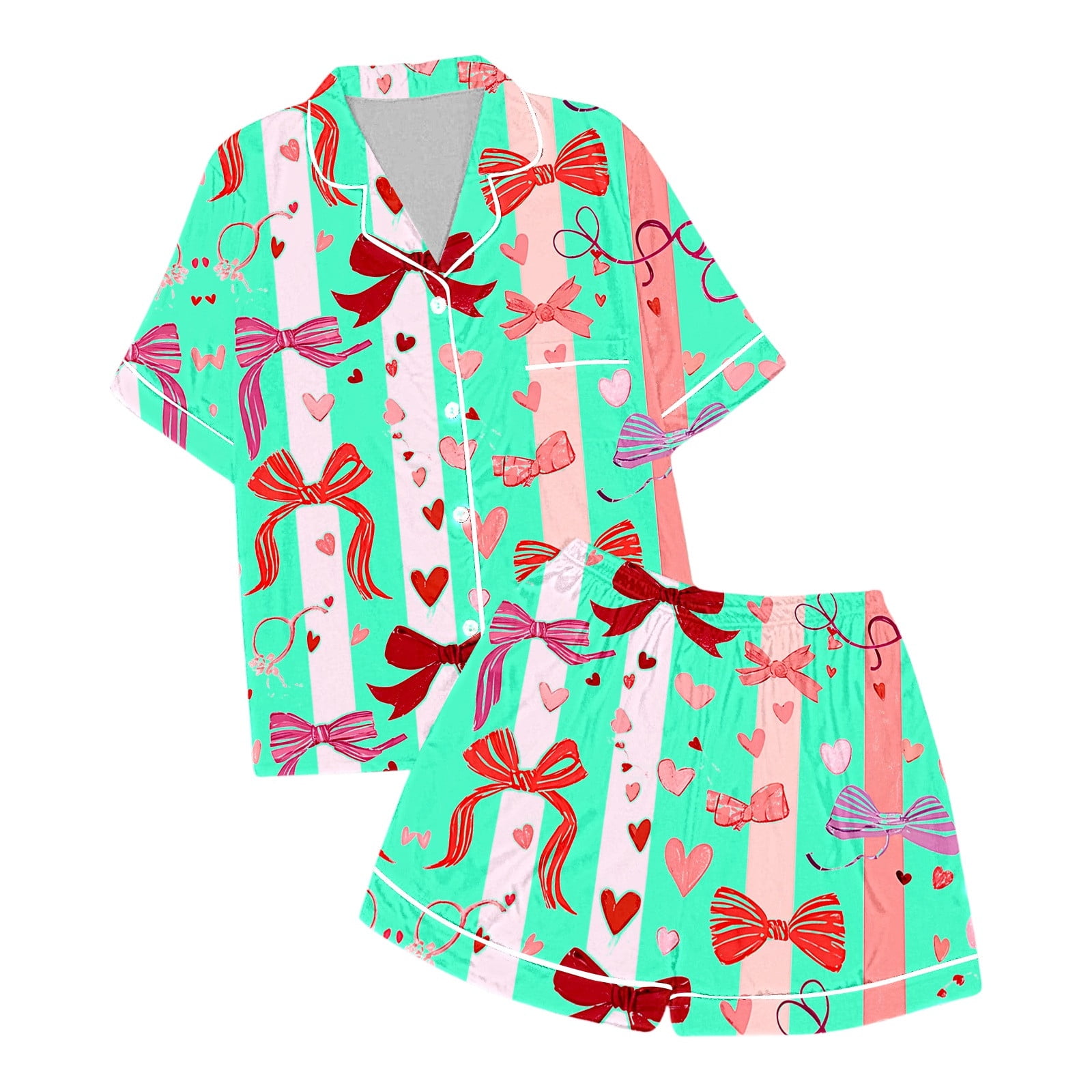 Kids Girls Silk Pajamas Bow Tie Printed 2 Piece Set Short Sleeve Button ...