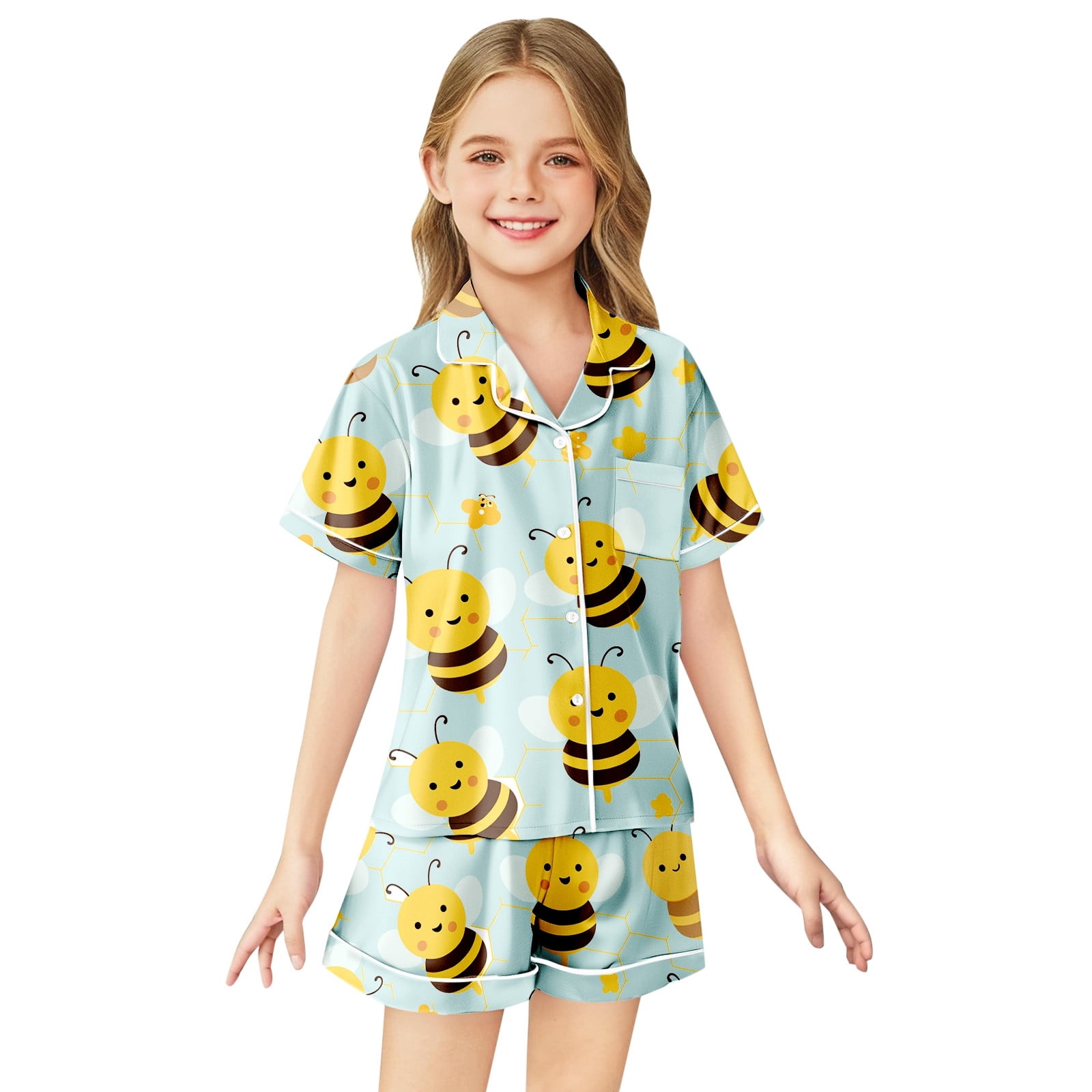 Kids Girls Silk Pajamas Set Cute Print Kids Button Down Pajamas Set ...