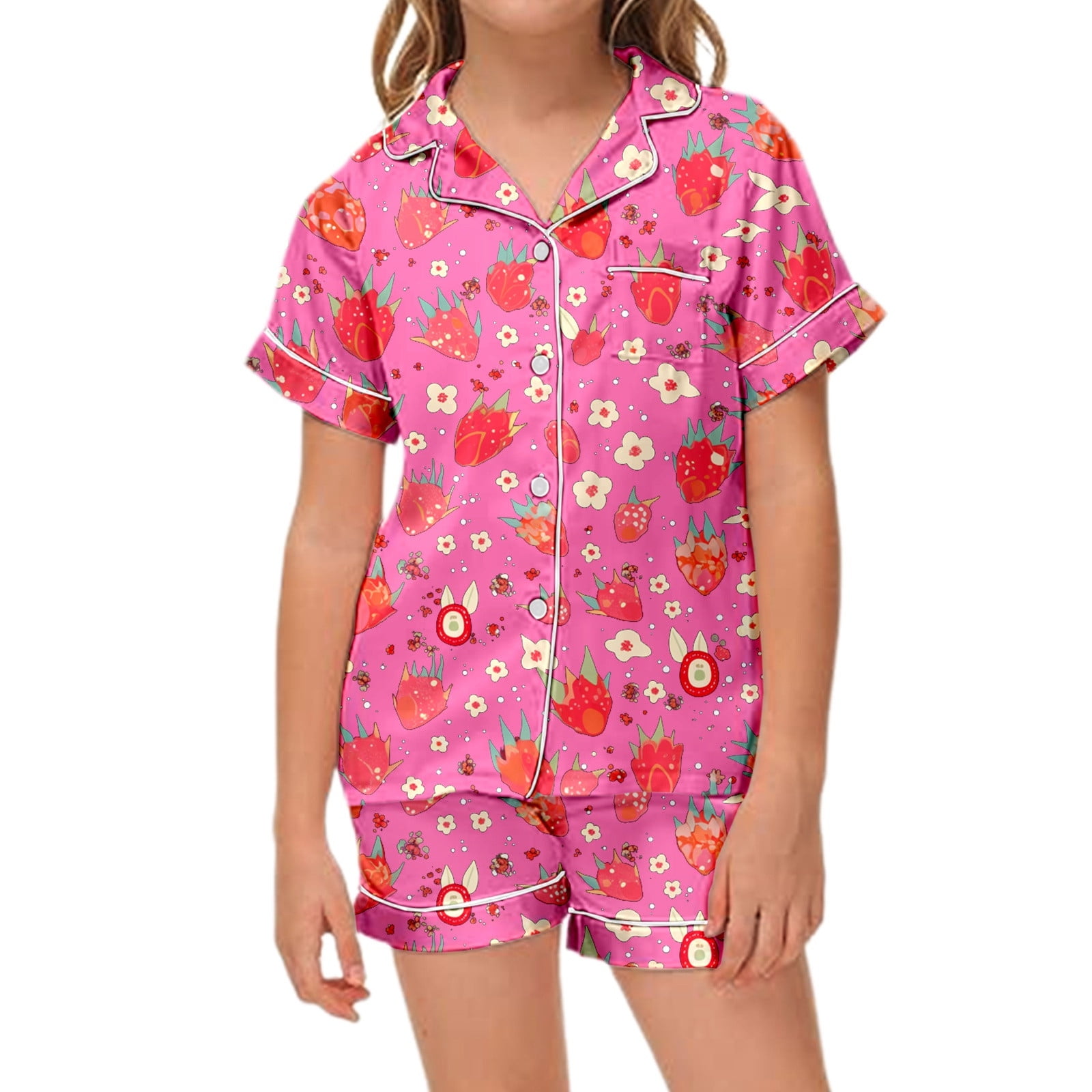 Kids Girls Silk Pajamas Set Fruit Print 2 Piece Set Short Sleeve Button ...