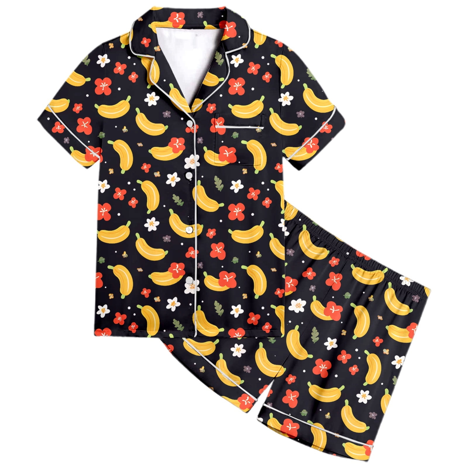 Kids Girls Silk Pajamas Set Fruit Print 2 Piece Set Short Sleeve Button ...