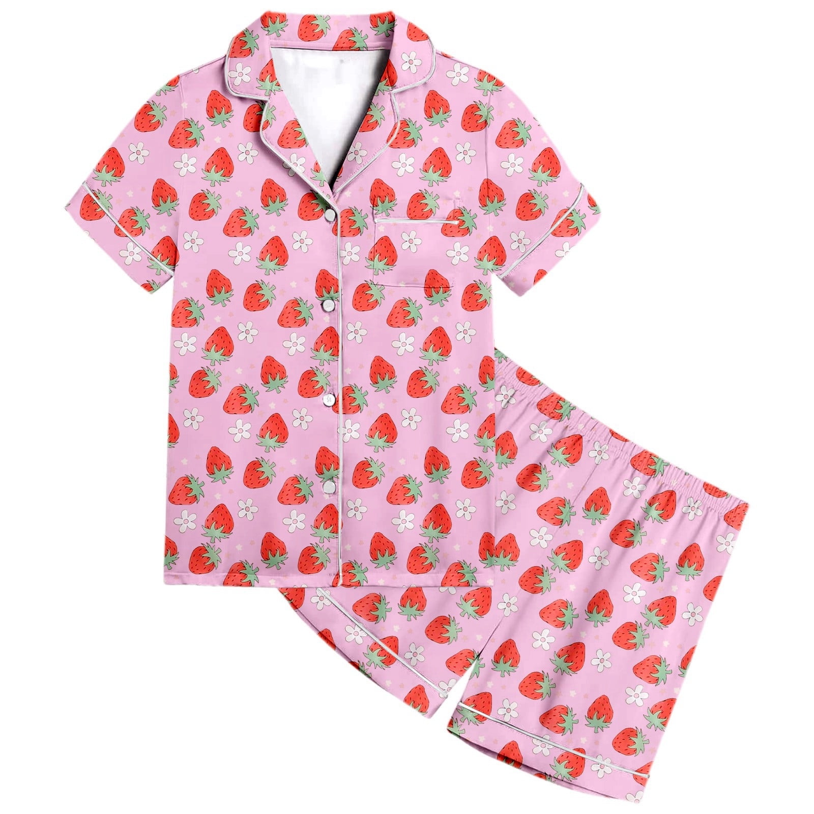 Kids Girls Silk Pajamas Set Strawberry Printed Button Down Solid Tops T ...