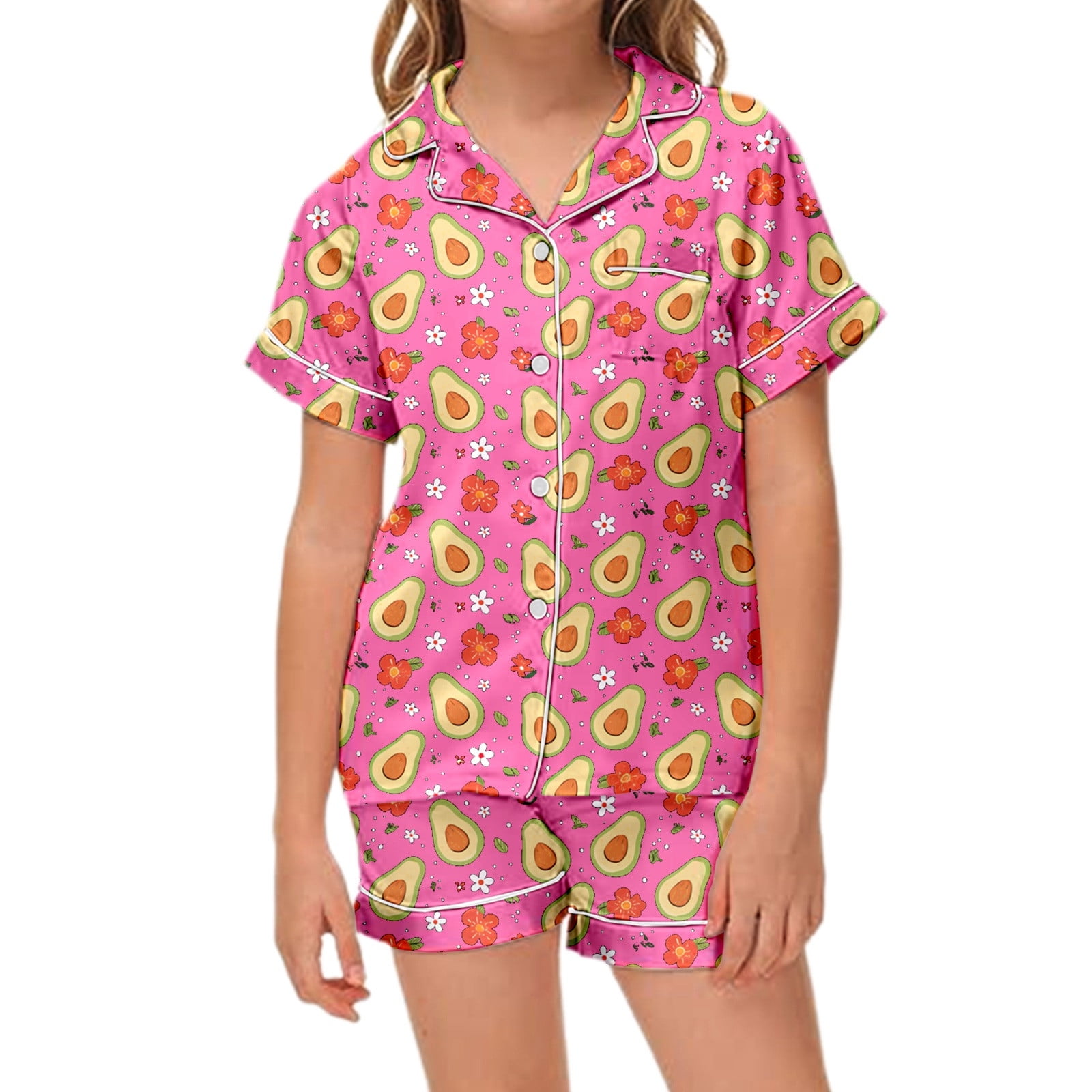 Kids Girls Silk Pjs Fruit Print 2 Piece Set Short Sleeve Button Down ...