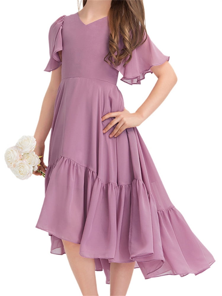 Kids Girls Solid Color Ruffle Dress Short Sleeved Irregular Party Dress ...