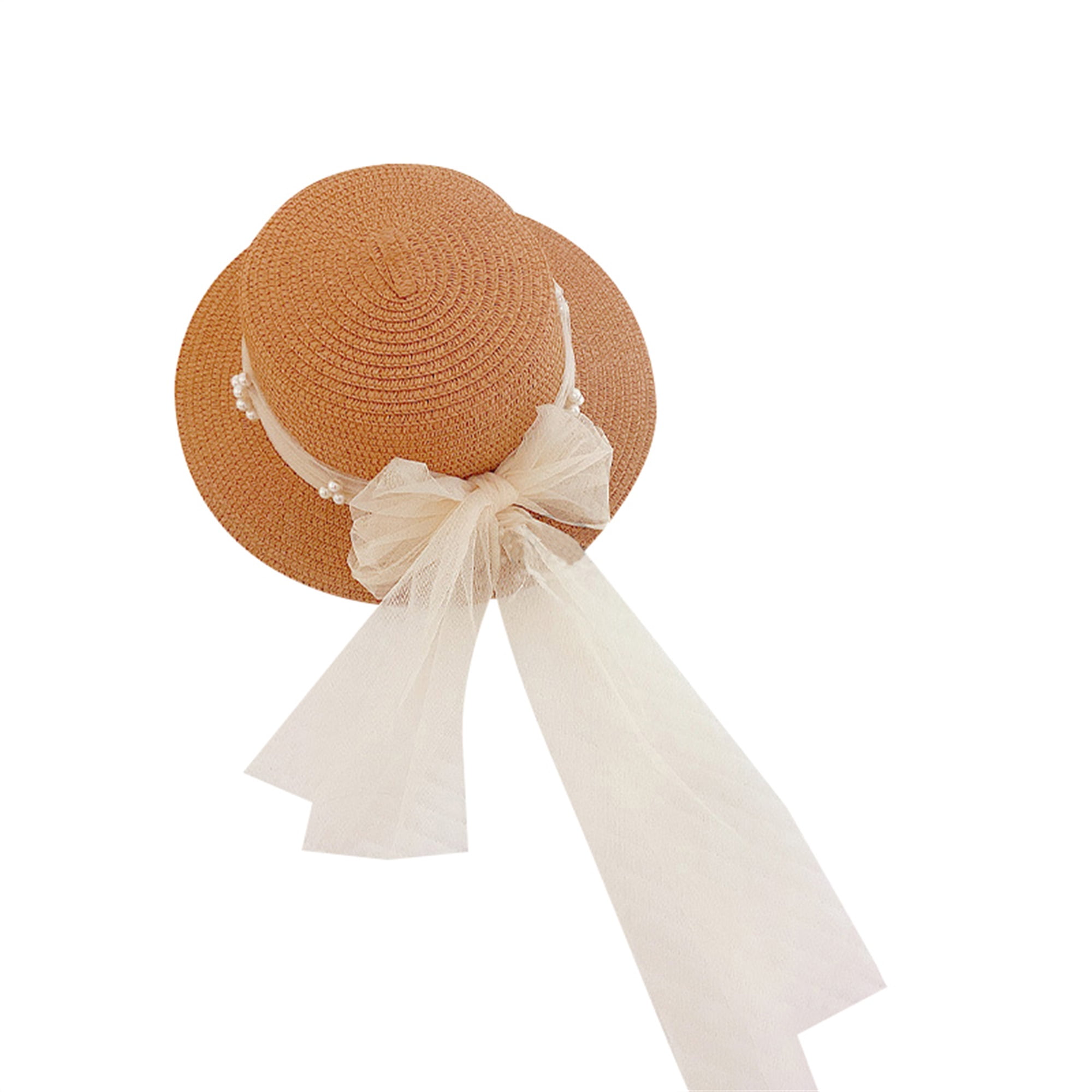 Kids Girls Straw Hat Pearl Decor Bowknot Toddler Sun Hat Summer Beach ...