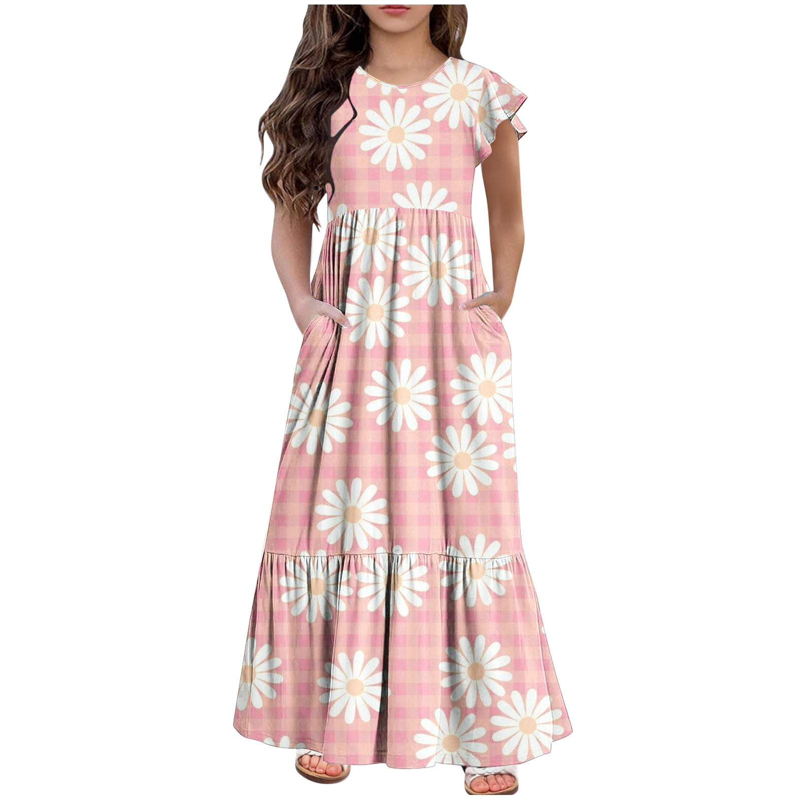 Kids Girls Summer Beach Maxi Dress Flower Printed Ruffle Short Sleeve ...