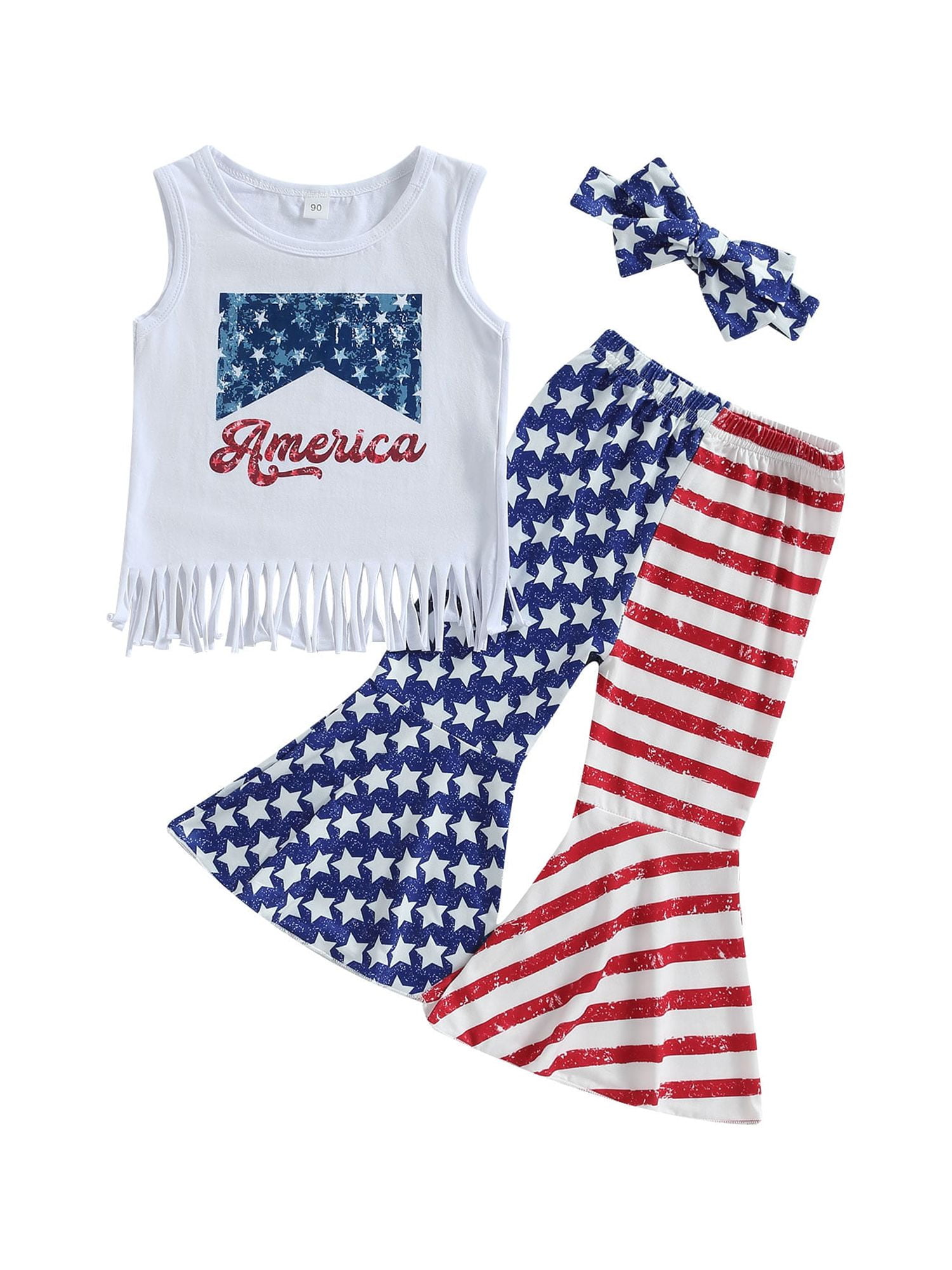 Kids Girls Summer Clothes Sets 4th of July Letters Sleeveless Tassel ...