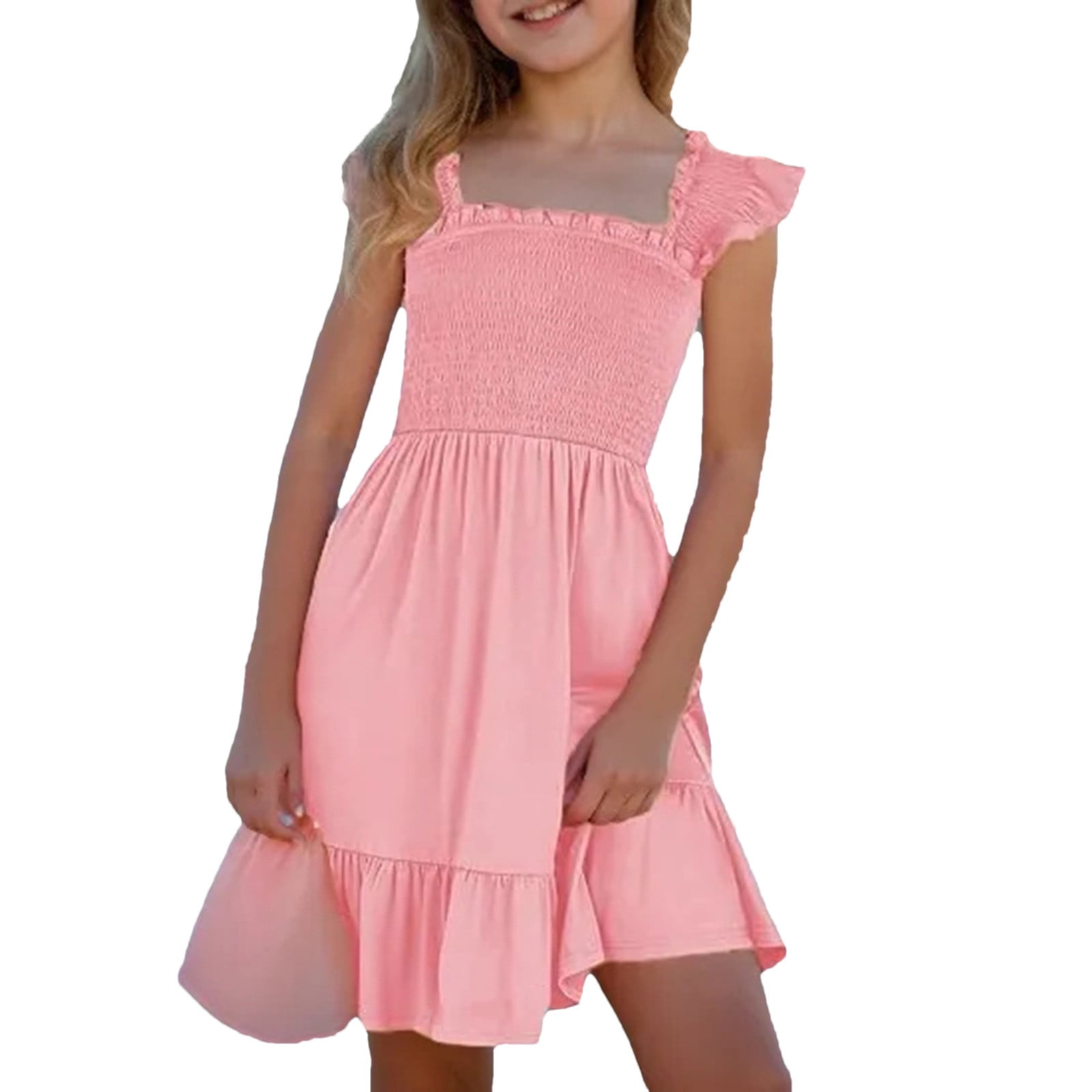 Kids Girls Summer Dresses Cute Double Layer Ruffle Sleeve Smocked Flowy ...