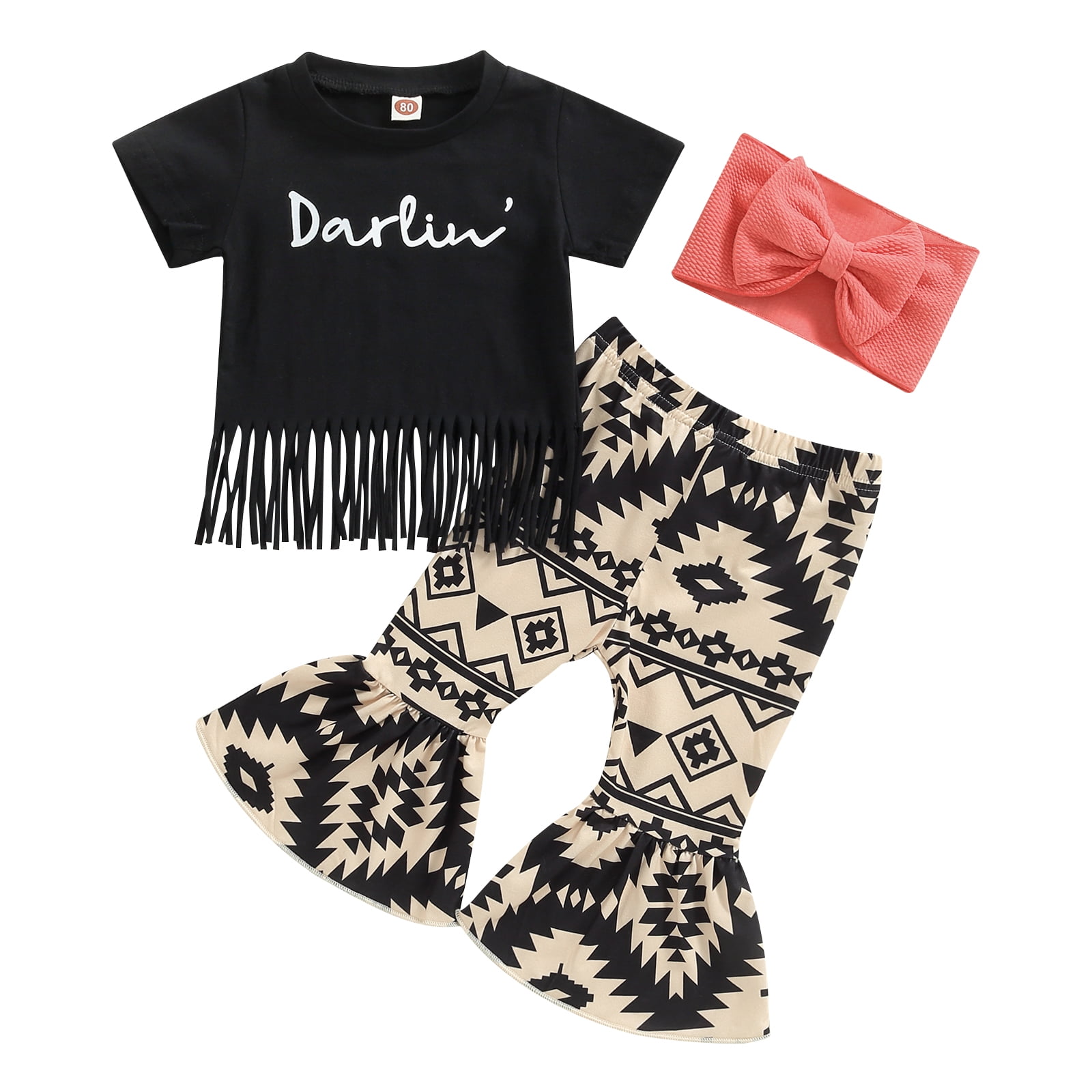 Kids Girls Summer Outfits Letters Print Short Sleeve T-shirt with Tassels and Casual Flare Pants ...