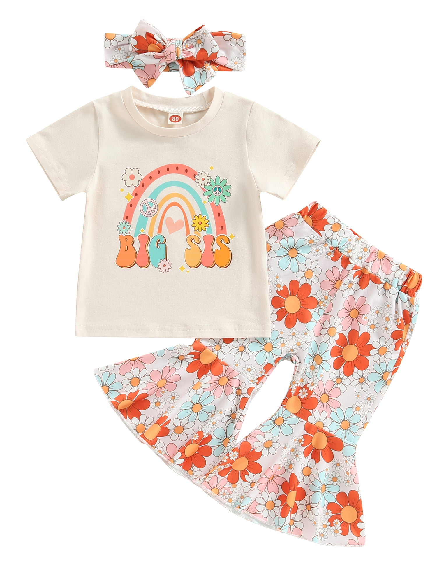 Kids Girls Summer Outfits Rainbow Print Short Sleeve T-shirt and Casual Floral Flare Pants ...