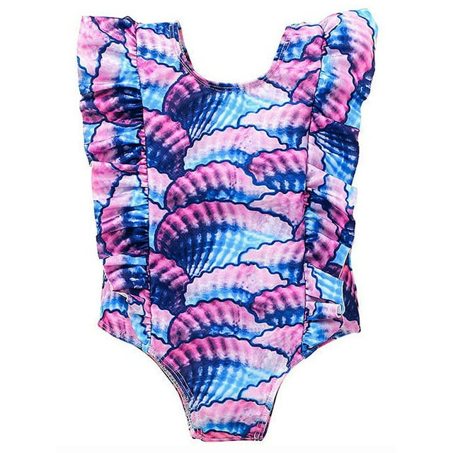 Kids Girls Summer Seashell Print Ruffled Swimwear One-piece Swimsuit ...