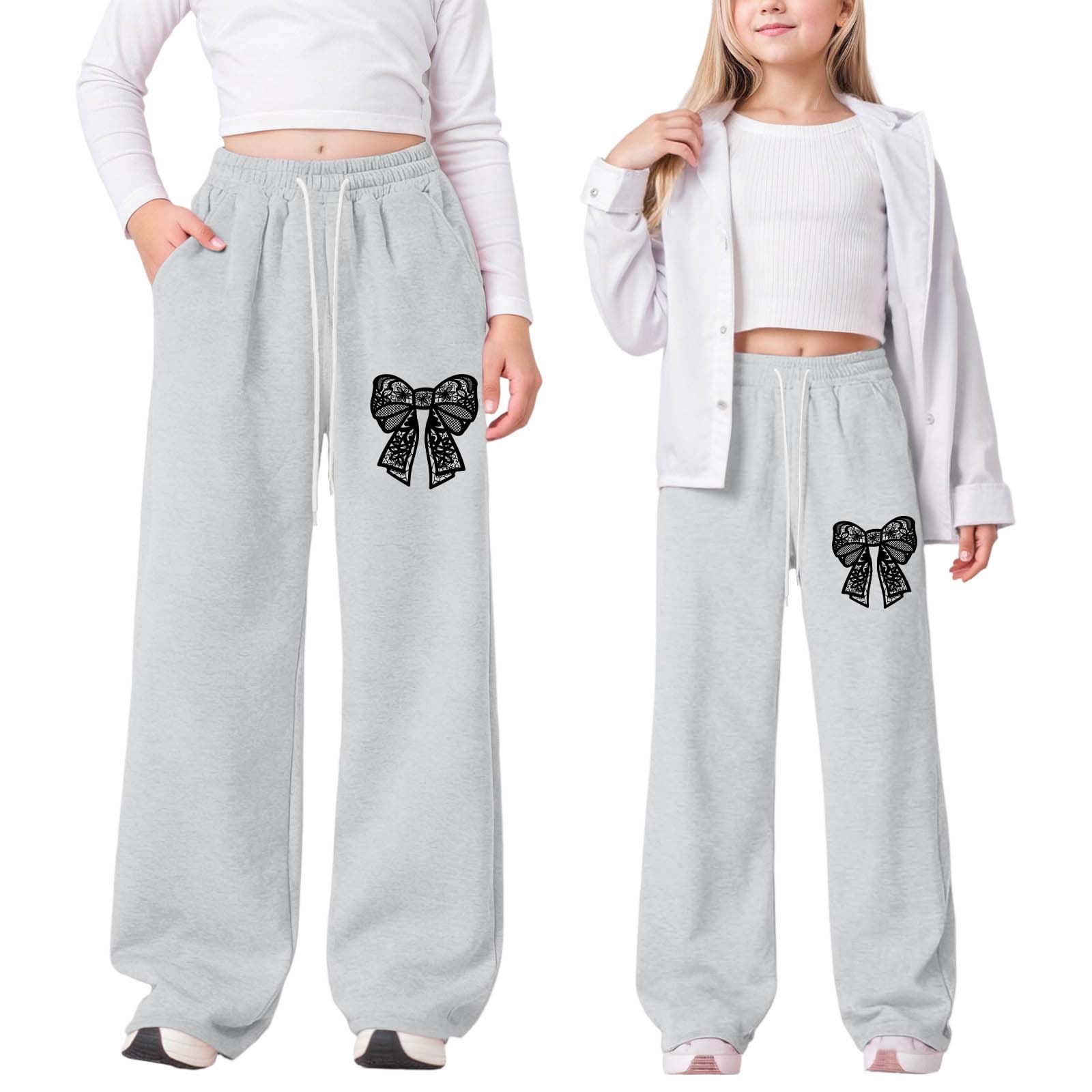 Kids Girls Sweatpants Bow Tie Elastic Waist Wide Leg Pants with Pockets ...