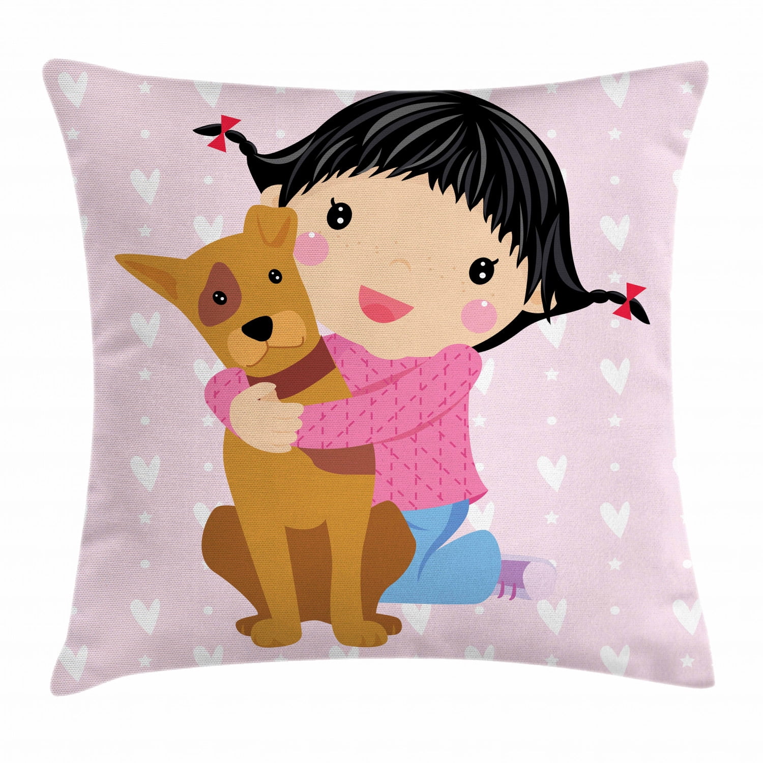 Kids Girls Throw Pillow Cushion Cover, Cute Little Girl and Dog Hugging ...