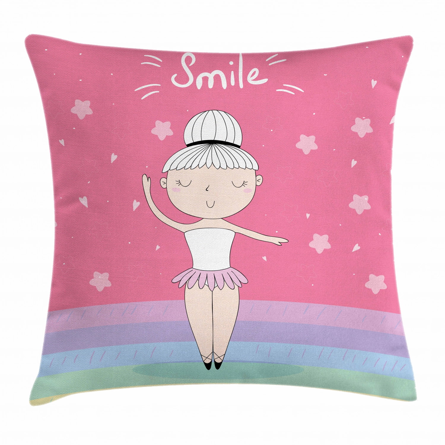 Kids Girls Throw Pillow Cushion Cover, Hand Drawn Little Ballerina Girl ...