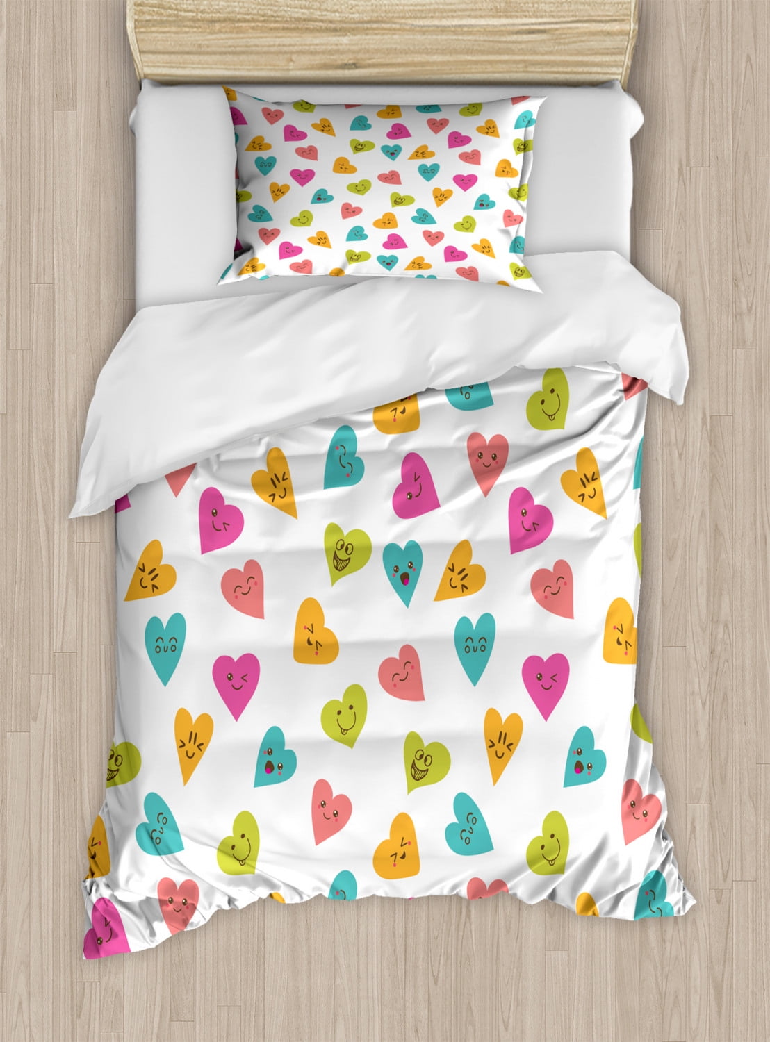 Kids Girls Twin Size Duvet Cover Set, Variety of Colorful Heart Icons ...