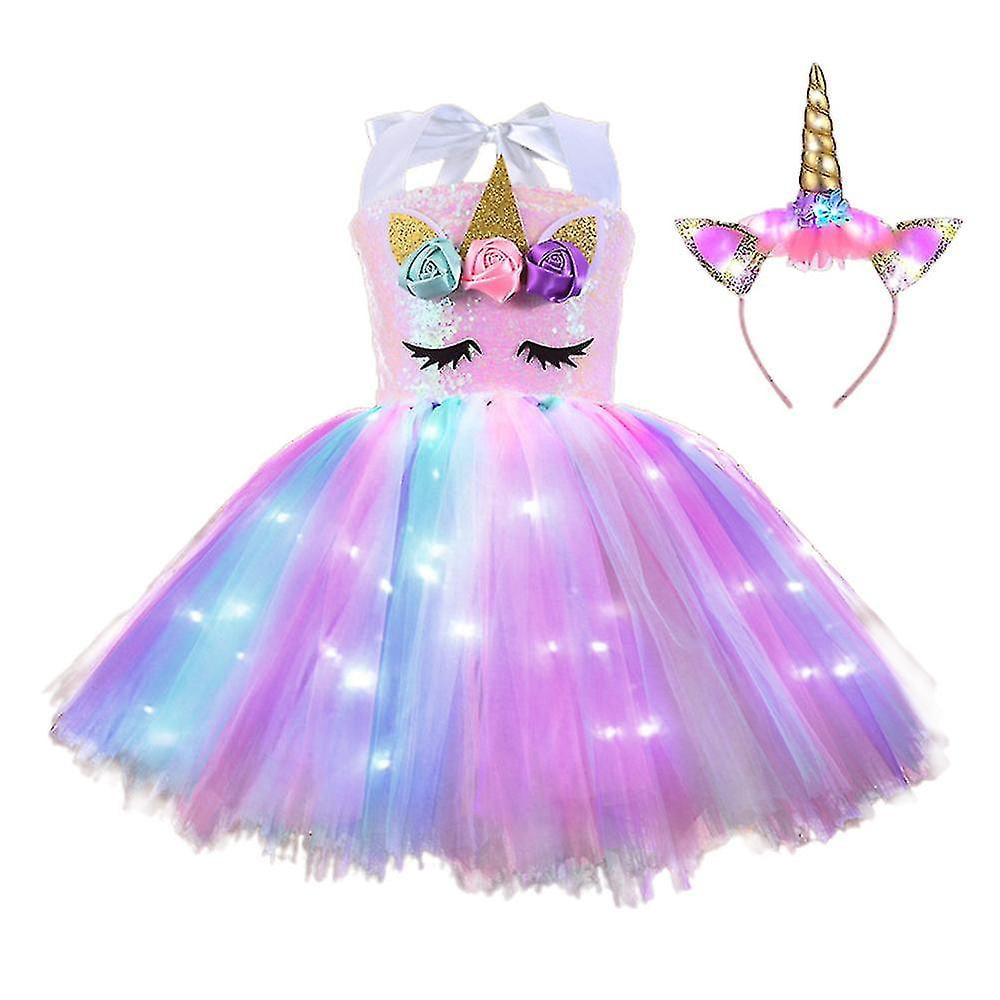 Kids Girls Unicorn Costume Led Light Up Tutu Tulle Dress Headband Set ...