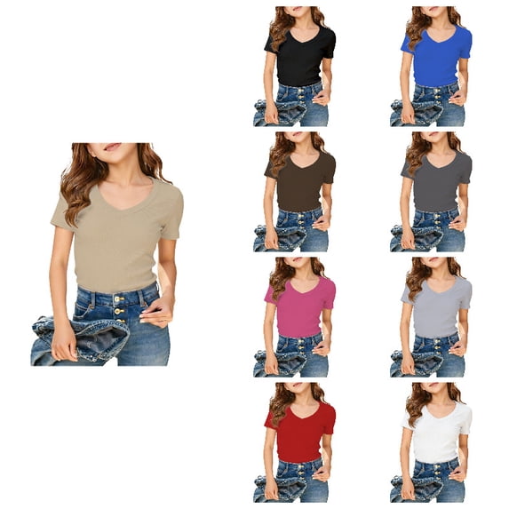 Kids Girls V-Neck Ribbed Tops, Form-Fitting Short Sleeve Tees, Soft ...