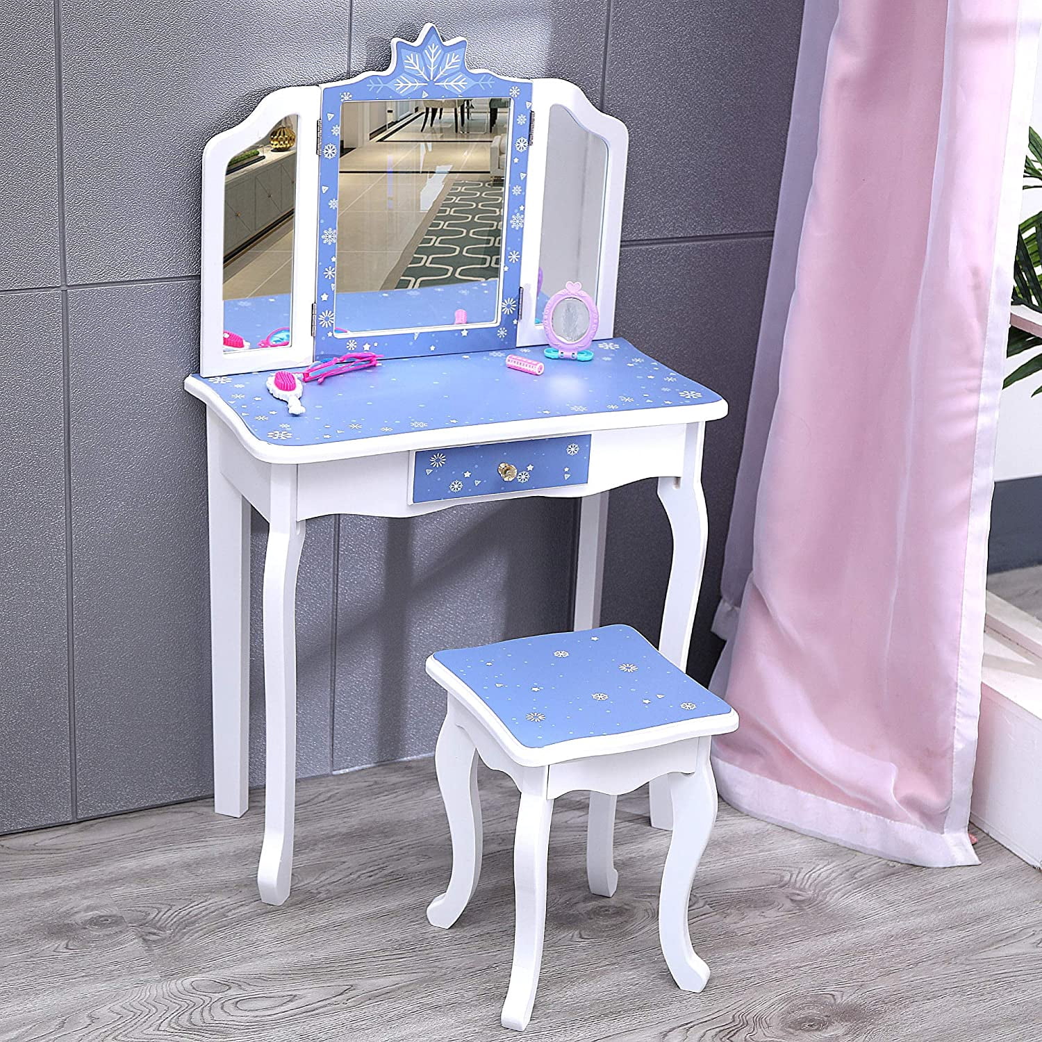 Kids Girls Vanity Set with Stool, Makeup Dressing Play Table Set with ...