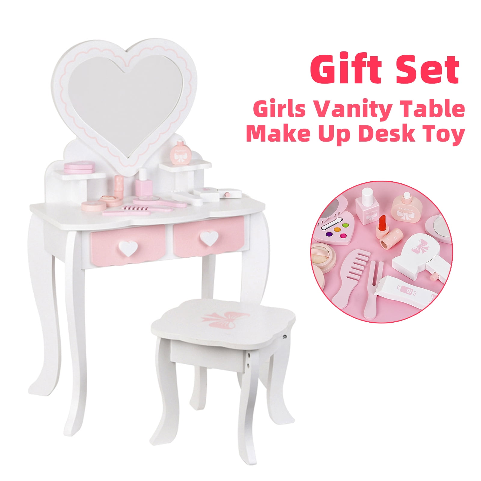 Kids Girls Vanity Table Children Dressing Mirror Make Up Desk Toy Play ...
