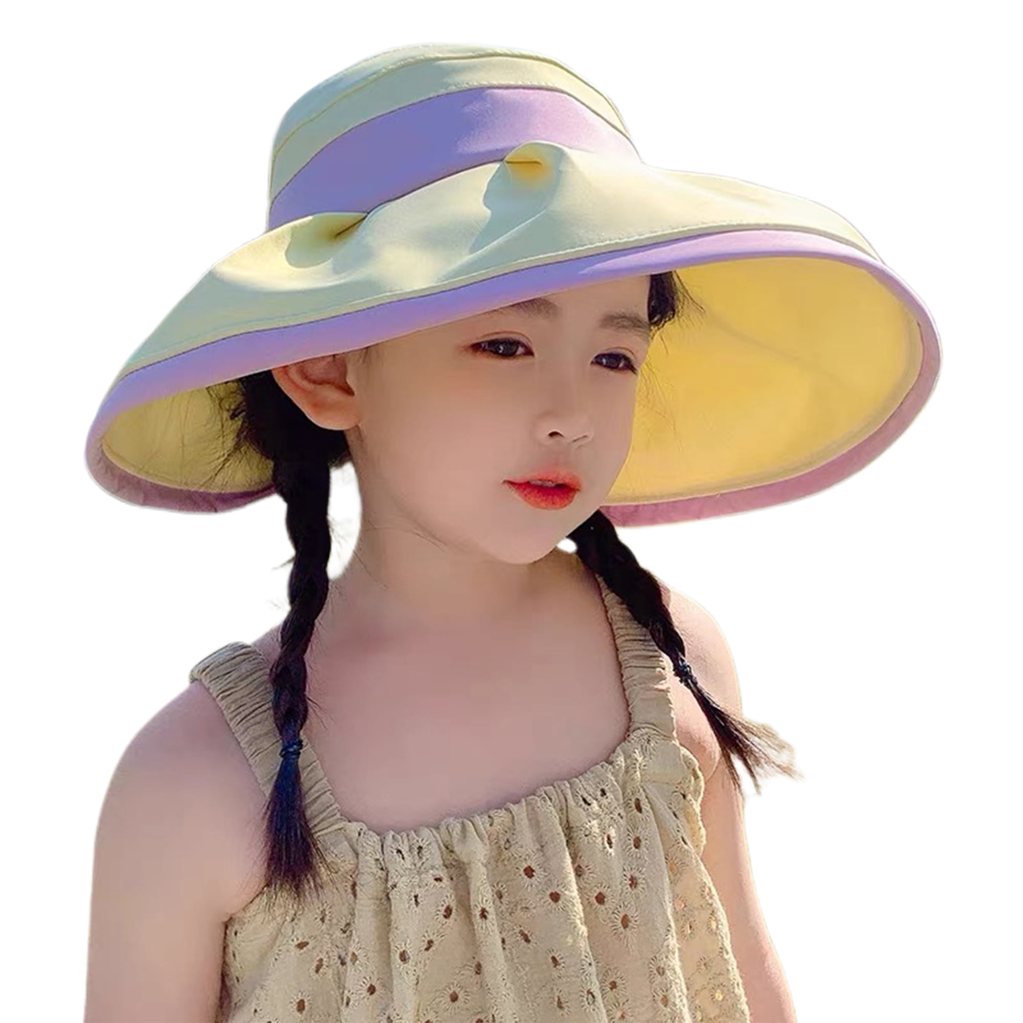 Kids Girls Wide Brim Visor Sun Hat UV Protection Roll Up Foldable Beach ...