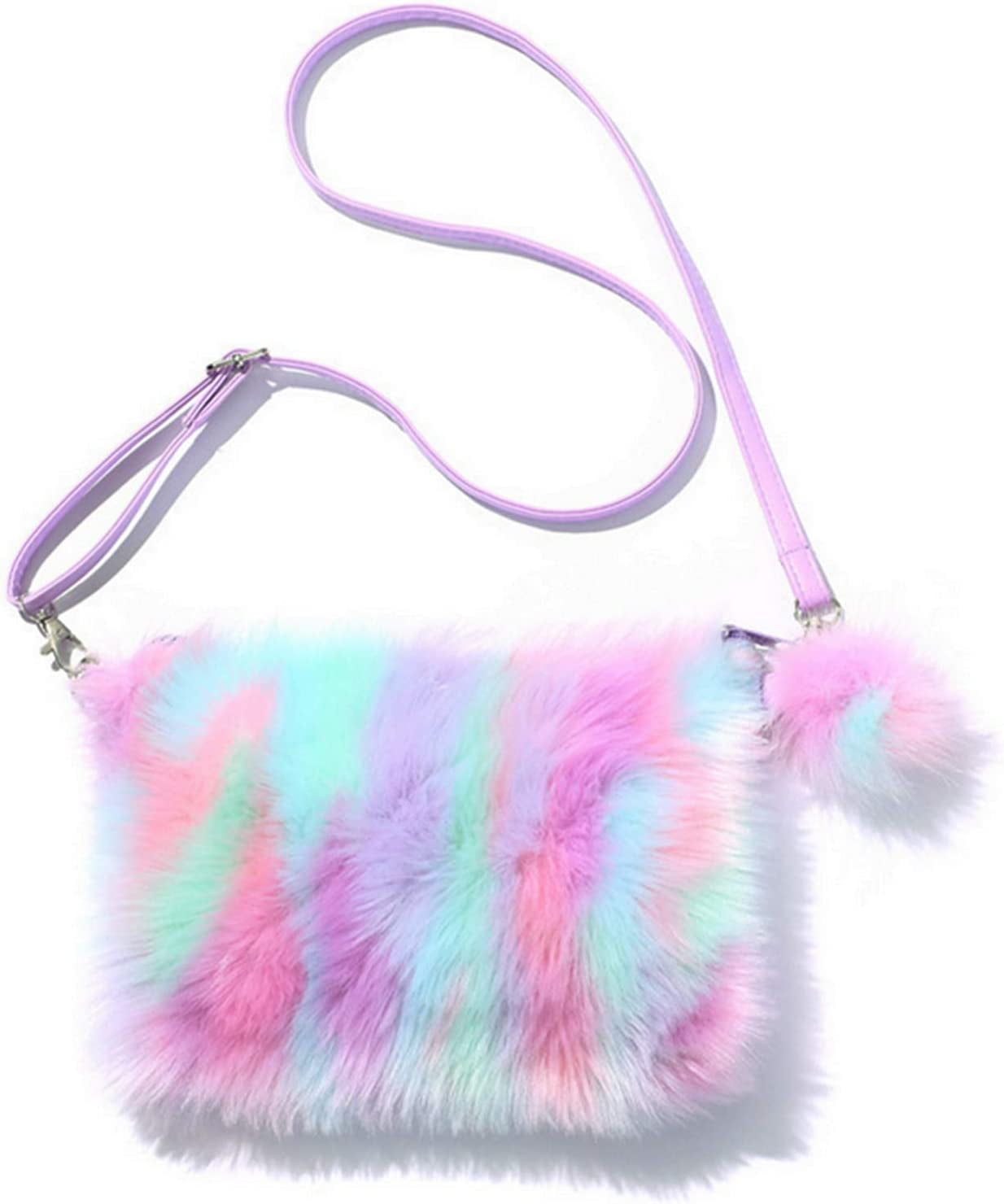 Kids Girls Women Fuzzy Plush Crossbody Bag Rainbow Tie Dye Clutch ...