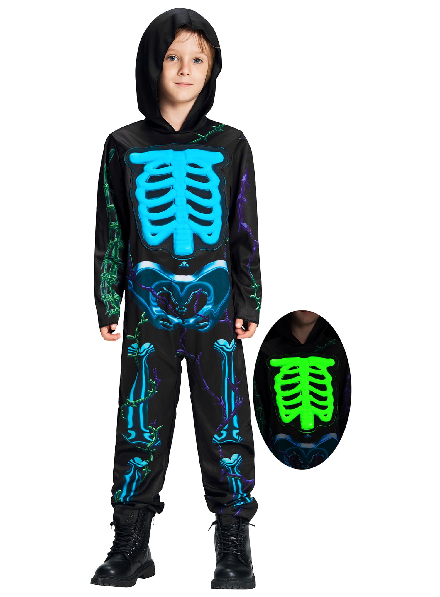 Kids Glow in the Dark Halloween Skeleton Costume, Bones Printed ...
