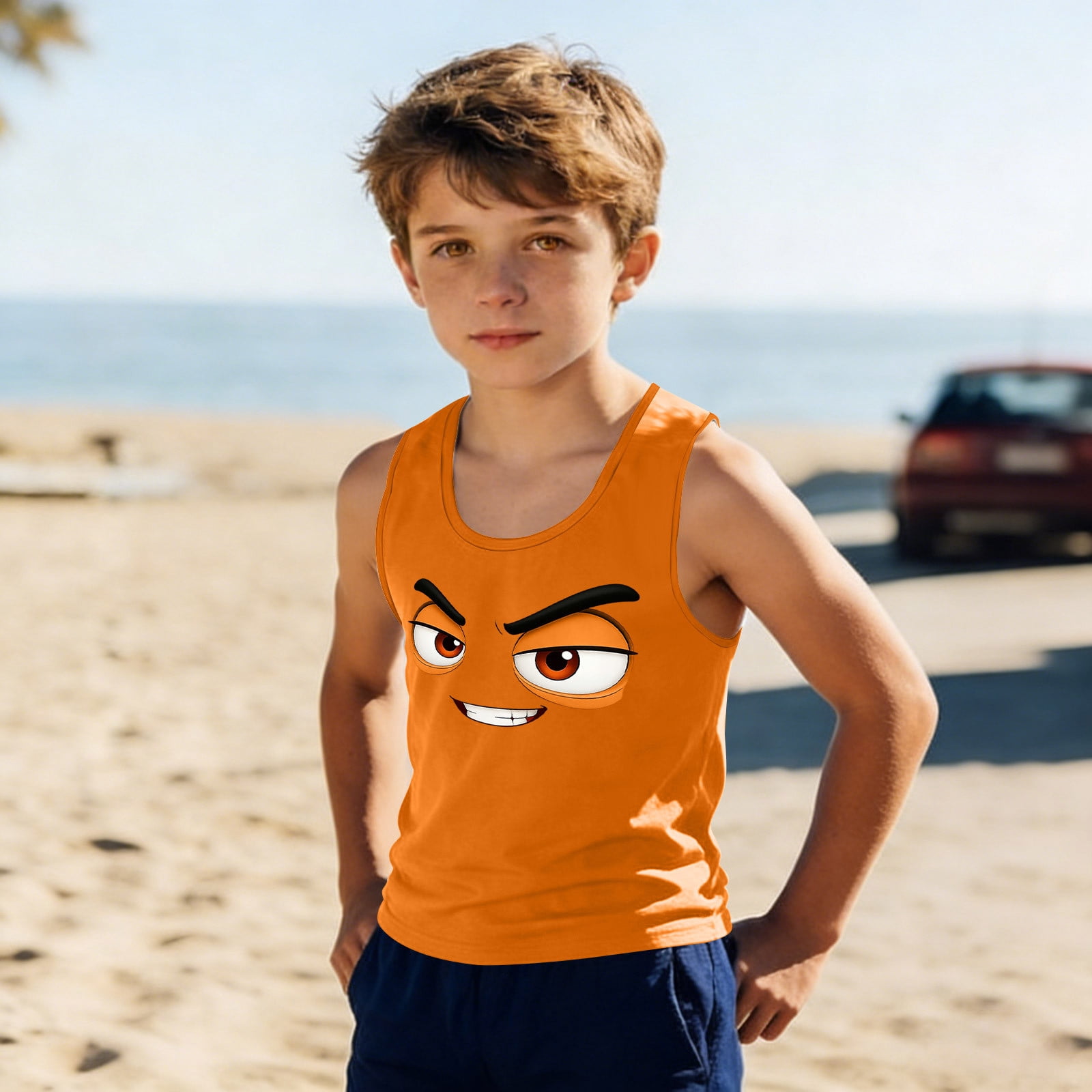 Kids Graphic Tank Top for Boys - Orange Cartoon Character Sleeveless ...