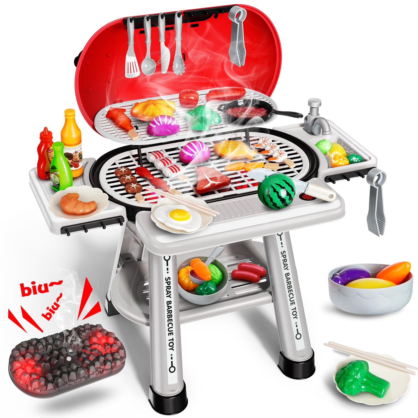 Kids Grill Play Kitchen Toys, Kids BBQ Grill Kitchen Playset with Smoke ...